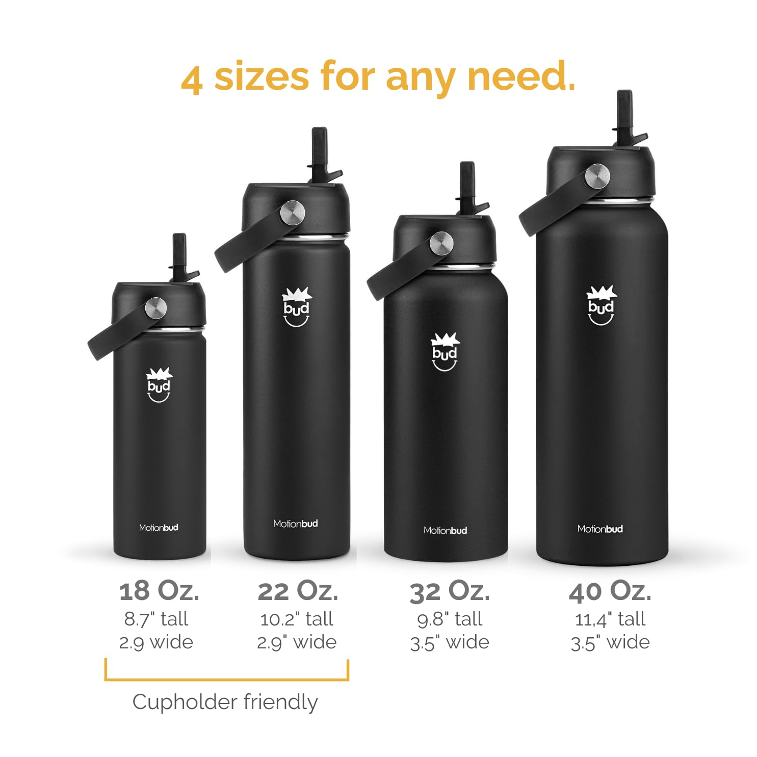 Motionbud 32 Oz. Water Bottle | Stainless Steel, Vacuum Insulated, Leak Proof Water Bottles | Wide Mouth, 3 Lids (Chug, Flip & Straw Lid) | Black