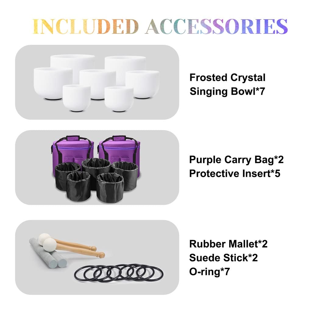 N/A 7-12 Inch Frosted Quartz Crystal Singing Bowls Note CDEFGAB Set of 7PCS with for Meditation (Color : 440hz)