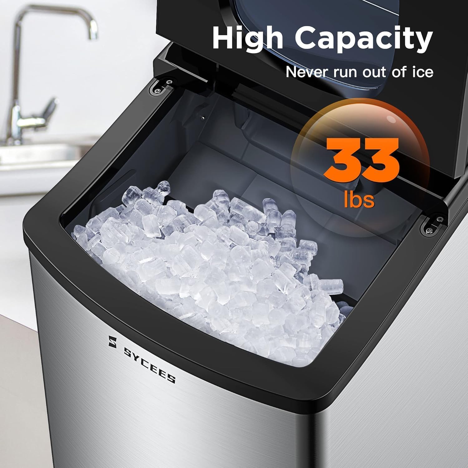 SYCEES 33lbs/24h Portable Nugget Ice Maker for Countertop, 5lbs Ice Storage, Pellet Ice Ready in 10 Mins, Self-Cleaning, Touch Control, Stainless Steel Sonic Ice Machine for Home, Bar, Office
