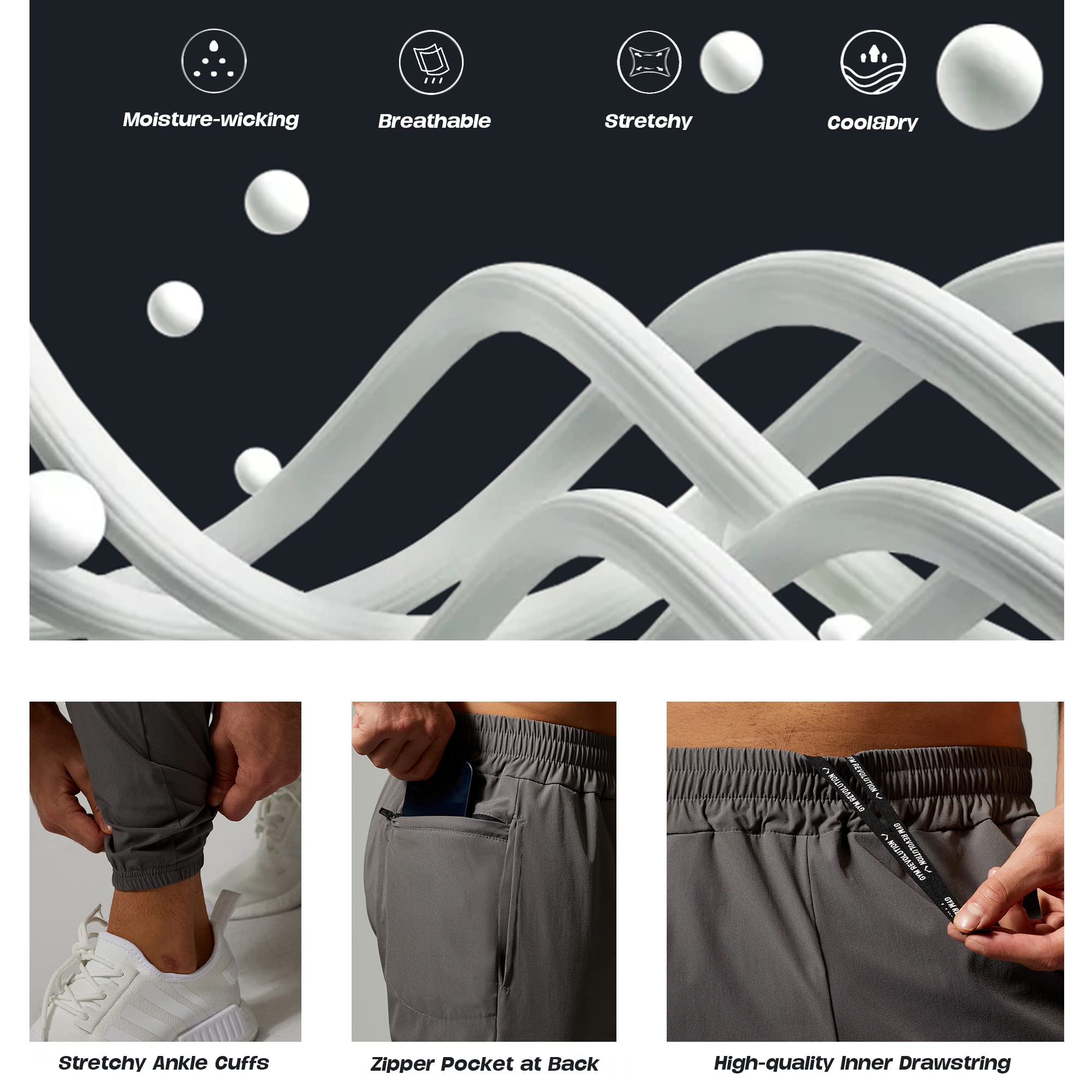 Men's 2 Pack Workout Gym Quick Dry Joggers Athletic Running Jogger Pants Tapered Training Sweatpants with Zipper Pocket Black Grey M