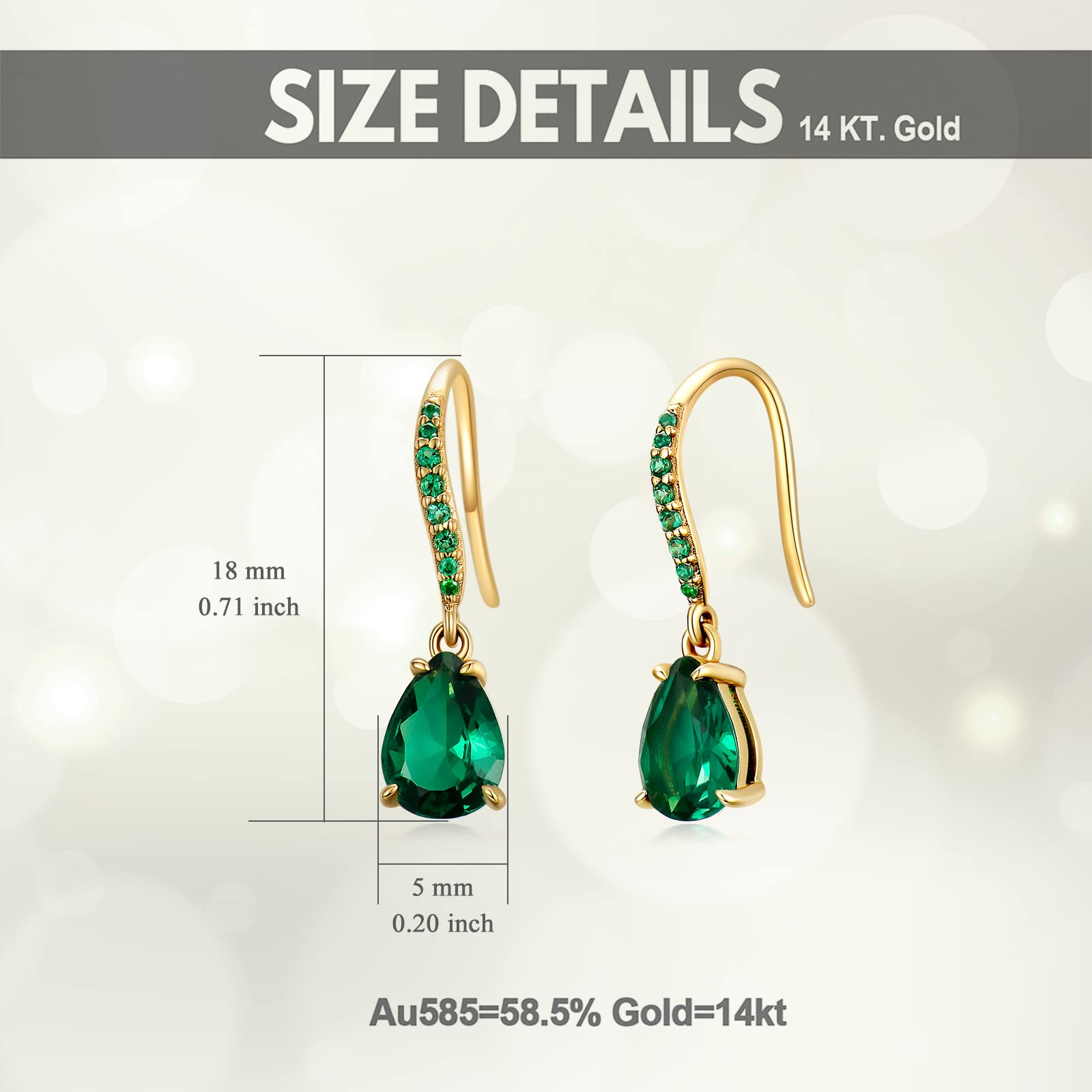 MUUYON Solid 14K Emerald Earrings for Women, Real Gold Dangle Drop Created Emerald Earrings May Birthstone Jewelry Gift for Women Ladies Her Mom (Pear Shape 5X7MM)
