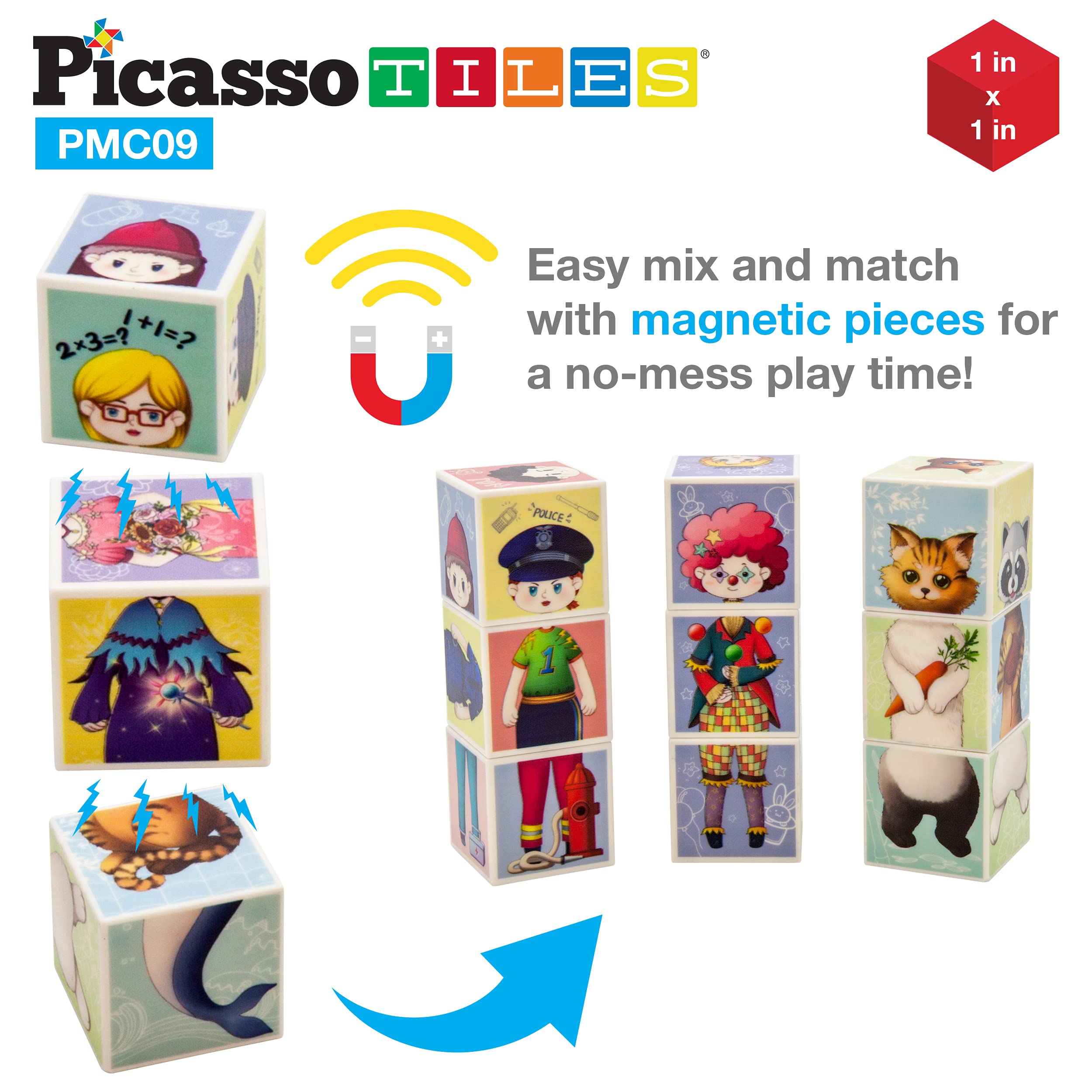 PicassoTiles Magnetic Puzzle Cube Characters + Mini, 9pc with 18 Unique Characters Mix & Match Cubes Sensory Toys, 0.5β Pixel 100pc Mix & Match Sensory Toys STEAM Education Learning Building Block