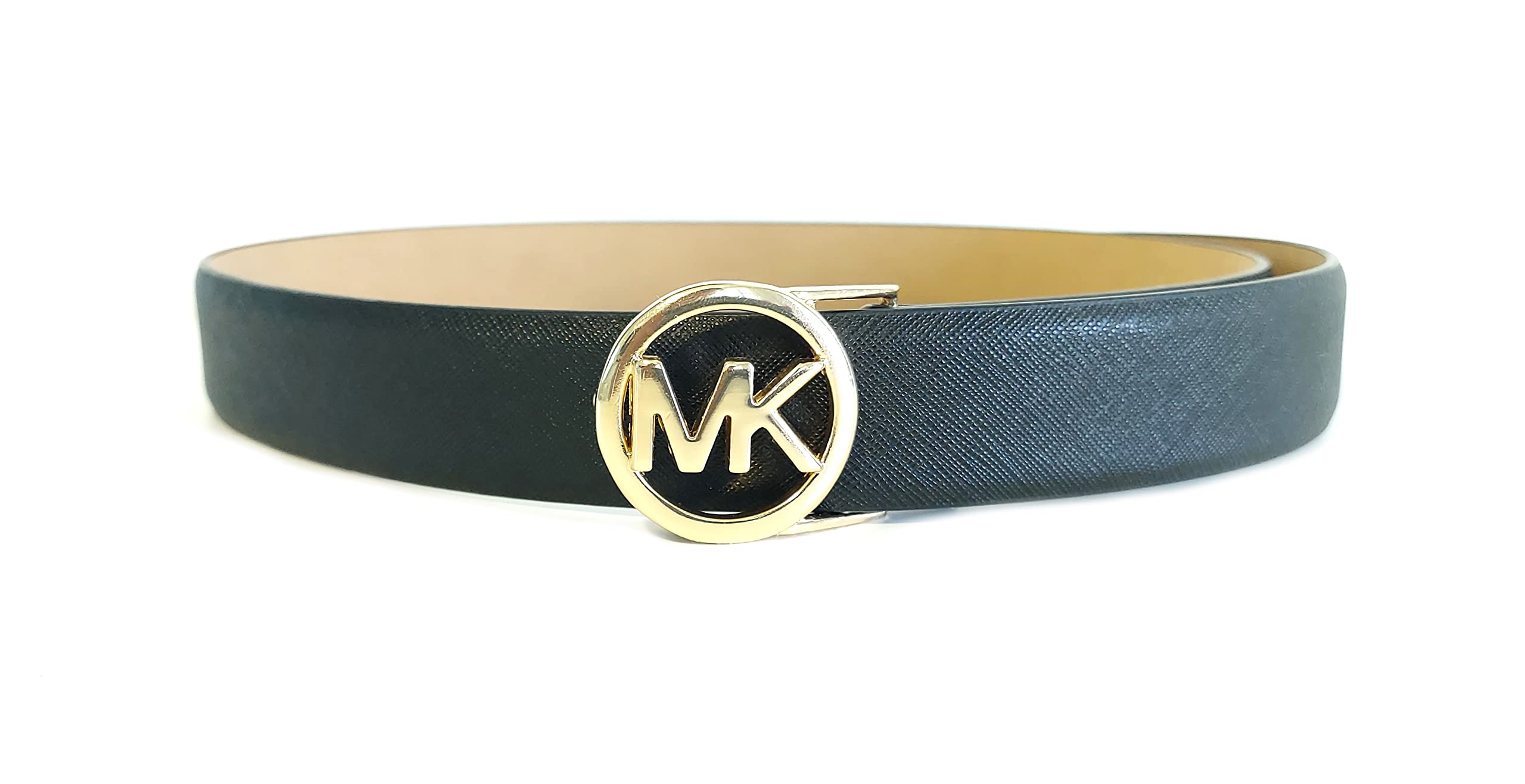 Michael Kors Womens Black Saffiano Leather Belt Gold Buckle (L)…