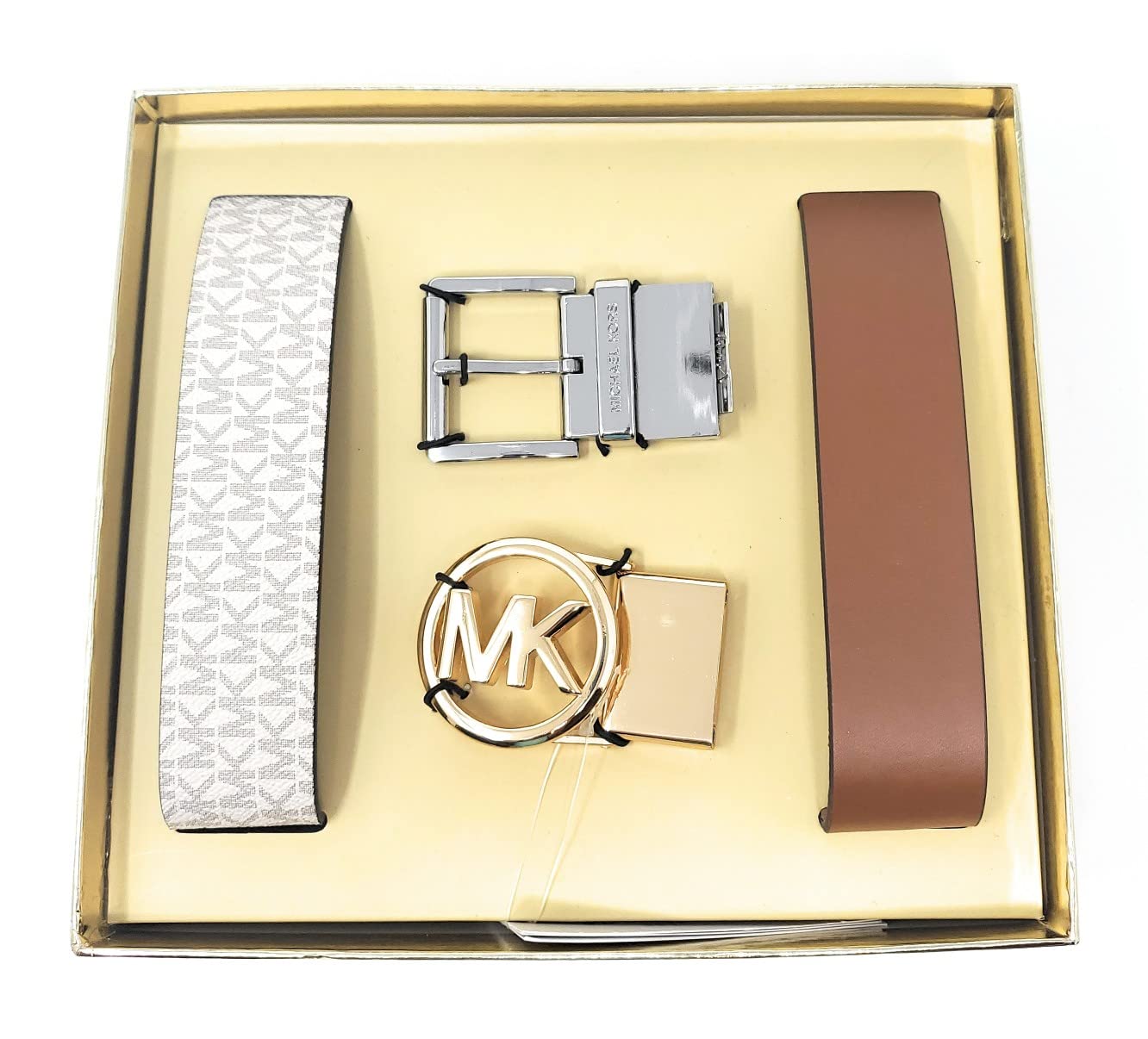 Michael Kors Women's 4 In 1 Leather Belt Set, Brown/ Vanilla