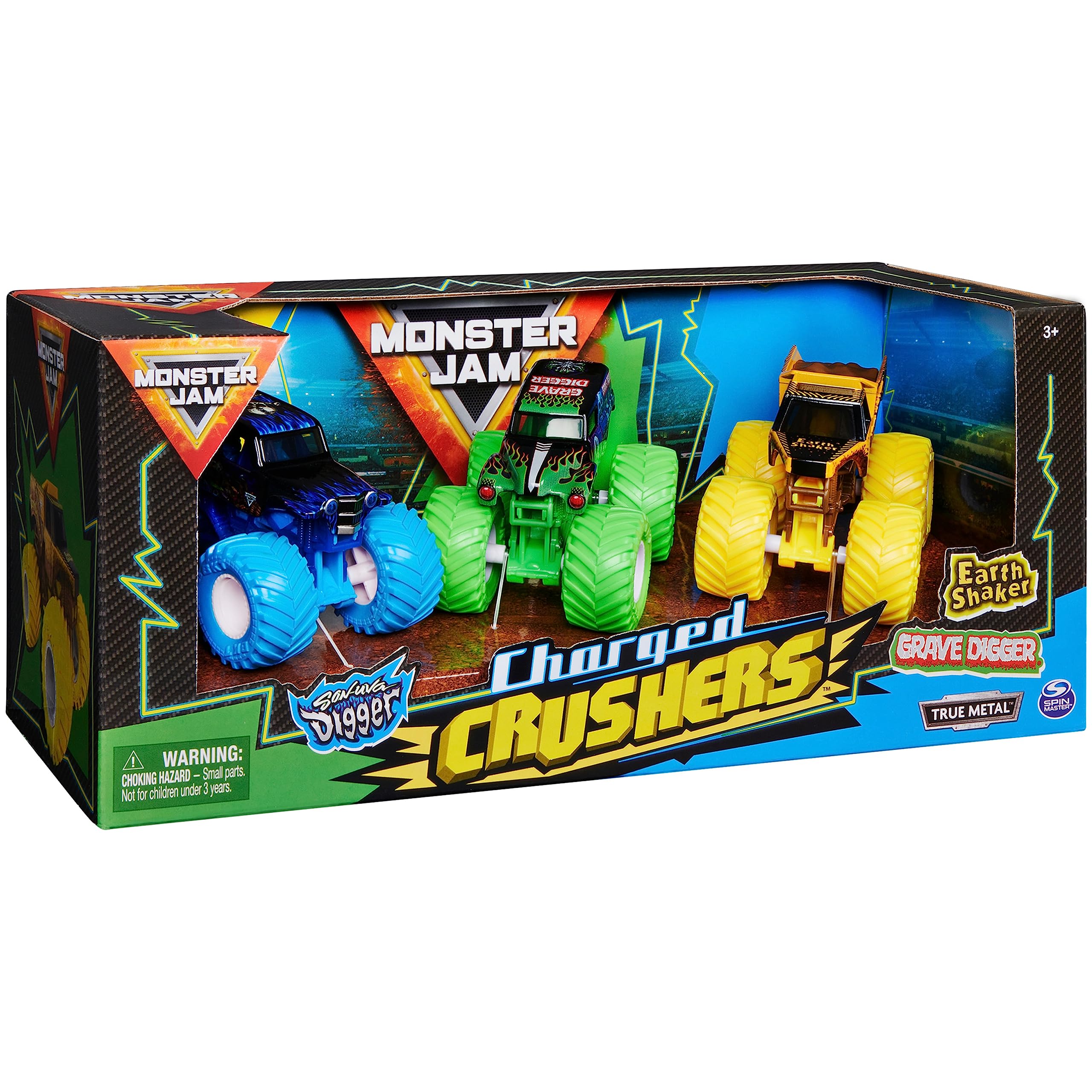 Monster Jam, Charged Crushers 3-Pack (Grave Digger, Son-Uva Digger and Earth Shaker), 1:64 Scale