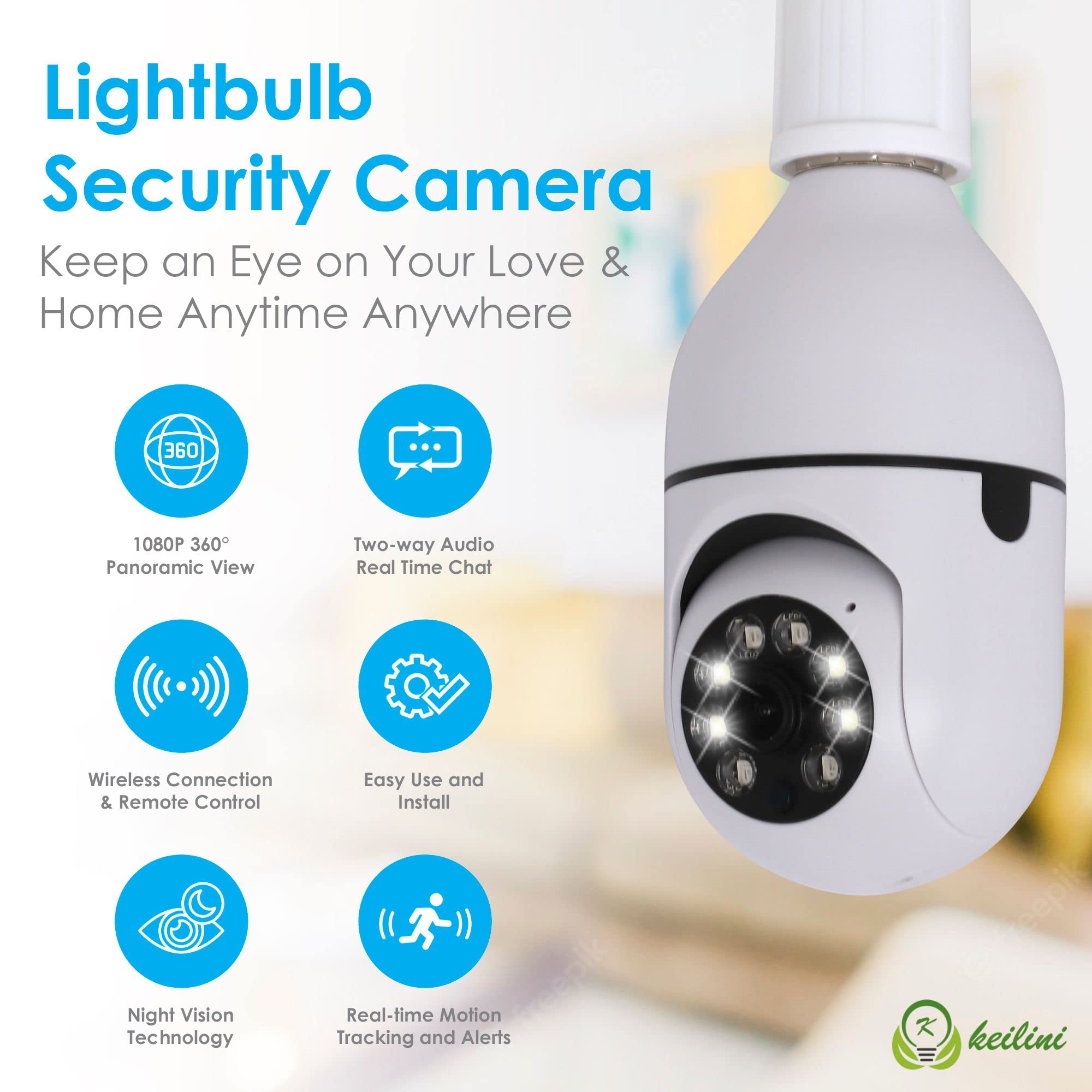 Keilini Light Bulb Security Camera, Keilani Light Bulb Security Camera, Keilini Security Camera, 360°Panoramic Surveillance Cam, 2.4GHz WiFi Smart 1080P Outdoor Security Camera Motion Detection