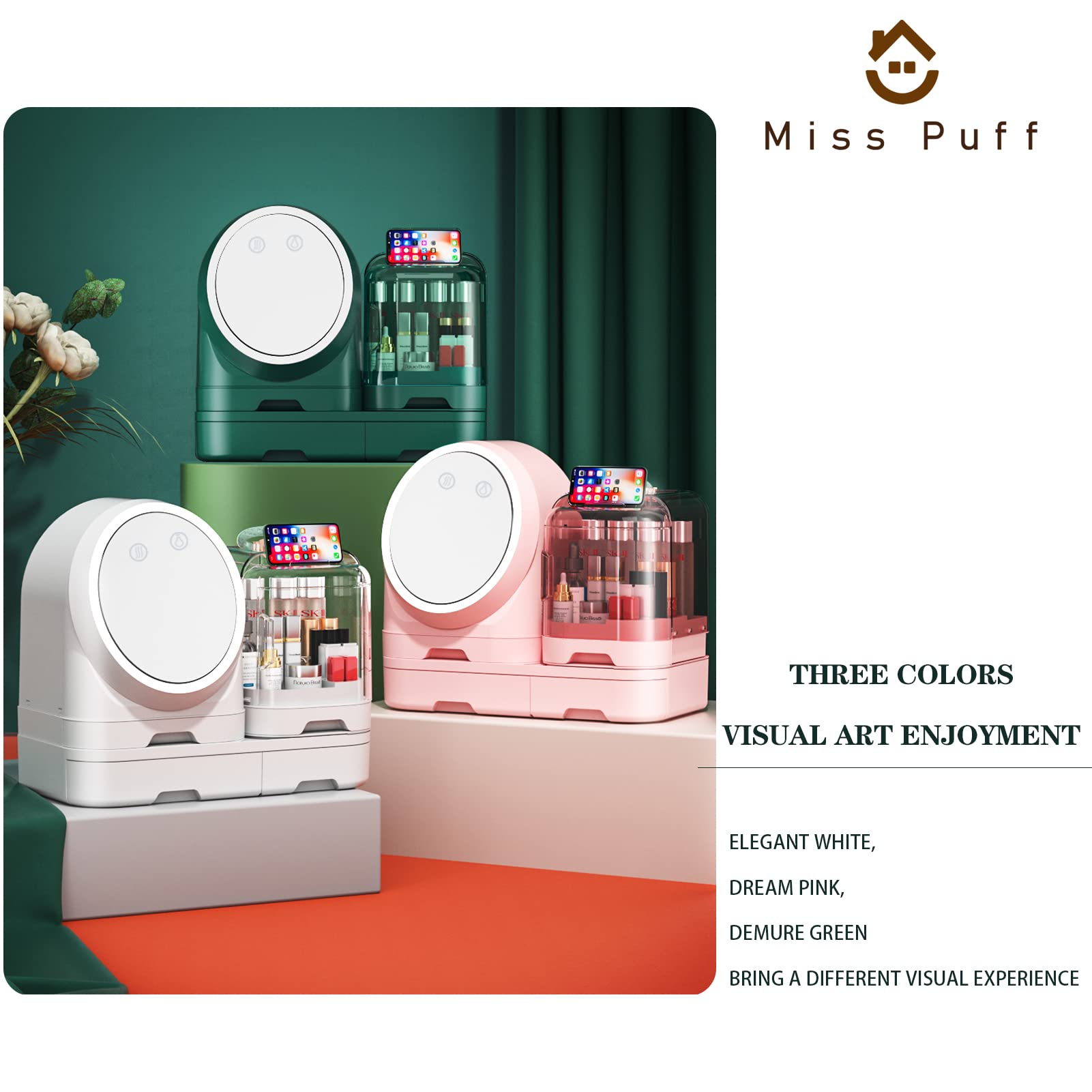 Miss Puff Makeup Organizer with LED Mirror and Fan, Large Capacity Cosmetic Storage Display Case, Waterproof and Dustproof Skincare Organizer for Bathroom and Vanity Dresser