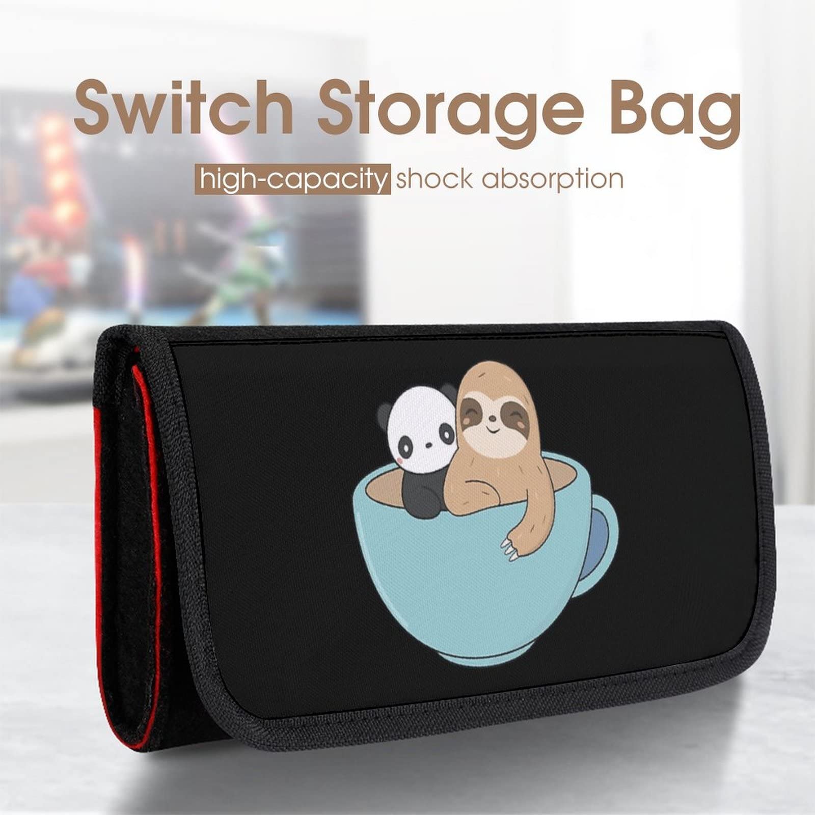 Panda and Sloth Carrying Bag Compatible with Switch Protective Case Slim Felt Pouch with 5 Game Cartridges Holders