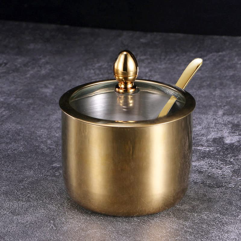 Mozacona Gold Stainless Steel Sugar Bowl Spice Jar Seasoning Pot Storage with Lid Spoon