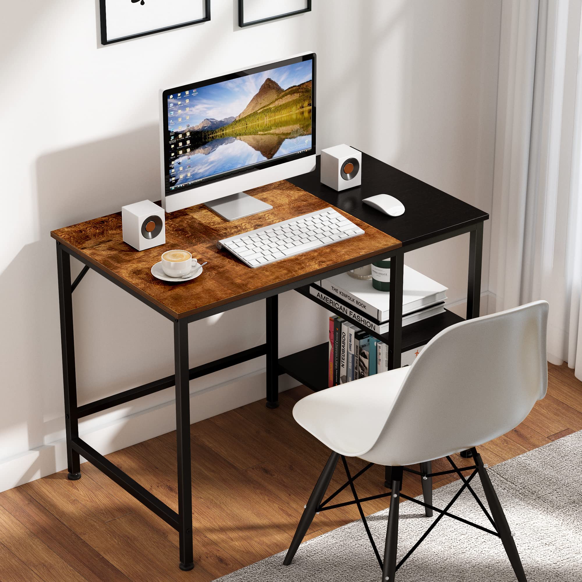 JOISCOPE Home Office Computer Desk,Small Study Writing Desk with Wooden Storage Shelf,2-Tier Industrial Style Laptop Table,Gaming Table with Splice Board,47 inches,(Vintage Oak Finish)