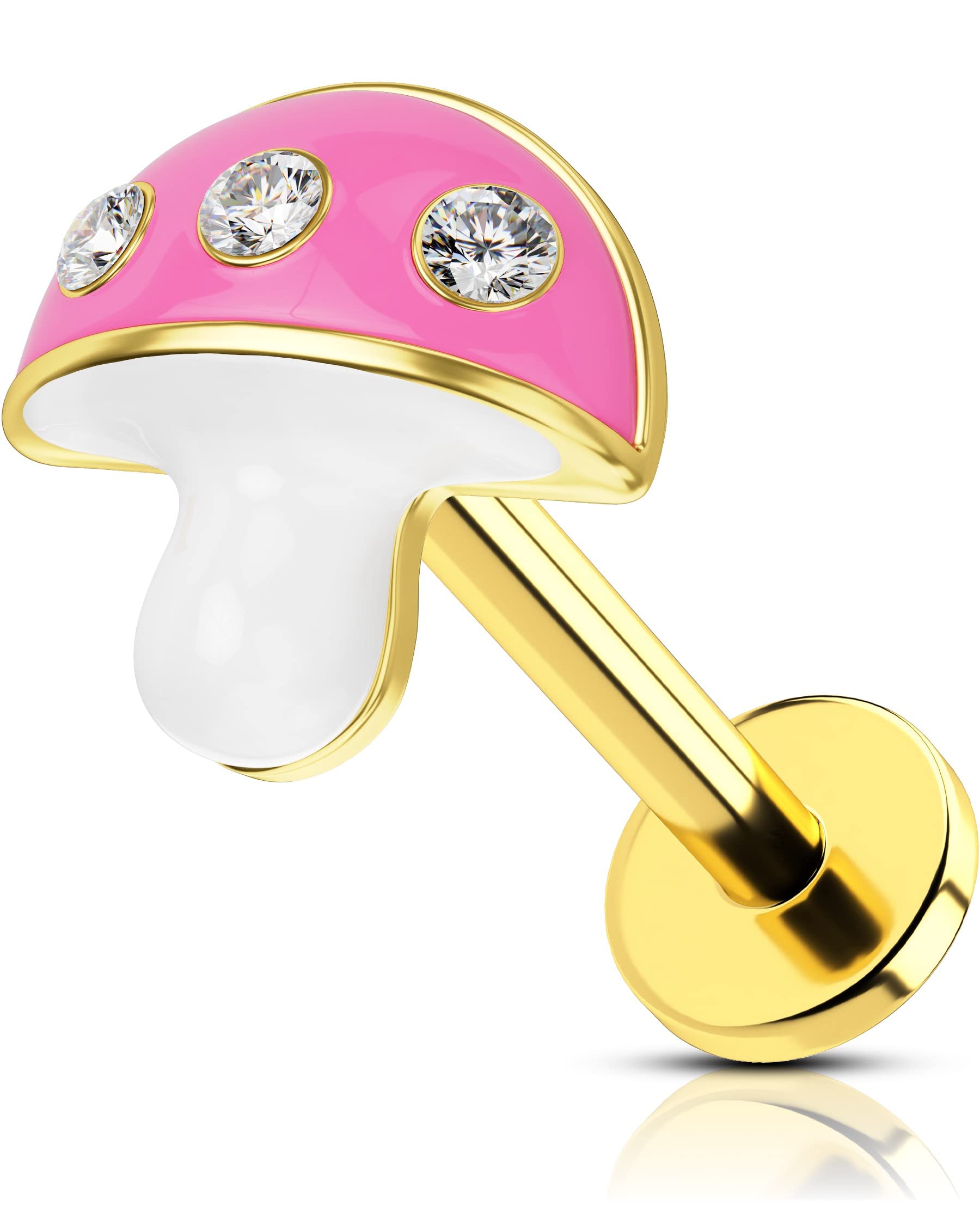 OUFER 16G Lip Ring Studs, 316L Stainless Steel Mushroom Internally Threaded Labret Piercing Jewelry, Paved CZ Lip Rings Helix Tragus Stud Cartilage Earring