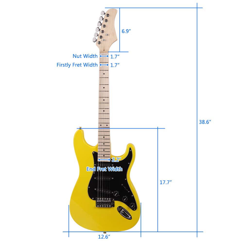 Lykos ST Stylish Electric Guitar with Black Pickguard + Guitar Bag + Strap + Amplifier + Plectrum + Tremolo Bar (Yellow)