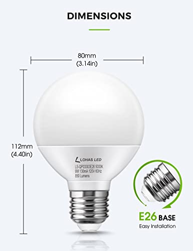 LOHAS G25 LED Globe Light Bulbs, 9W(100W Equivalent) Vanity Light Bulbs for Bathroom, 5000K Daylight White Bright Mirror Lights, E26 Base, 850LM Perfect for Makeup Dressing Table, Non-Dimmable, 4 Pack