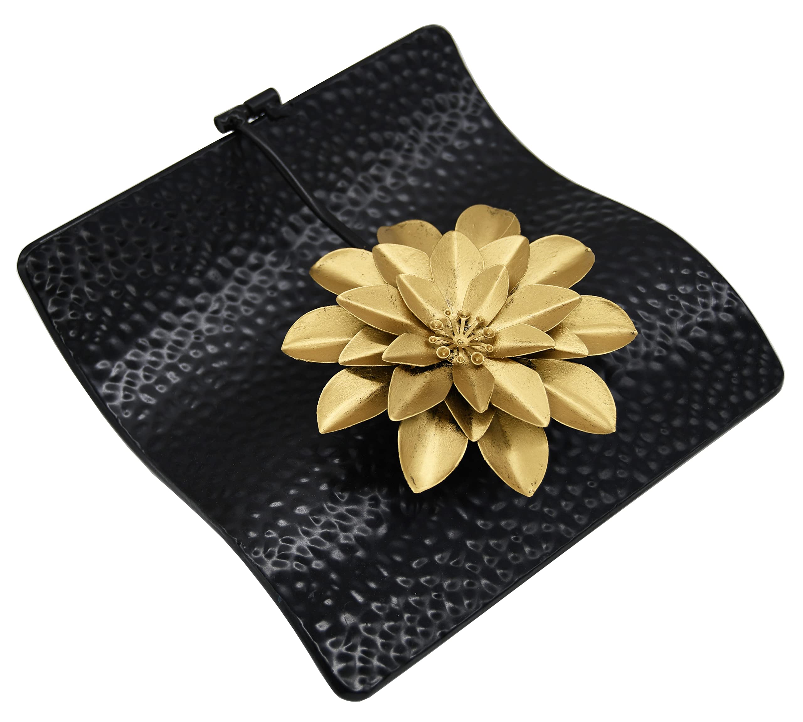 OwlGift Black Flat Napkin Holder w/Golden Flower Weighted Arm, Metal Cocktail Napkin Dispenser, Kitchen Counter Paper Towel Storage, Dining Table Organizer