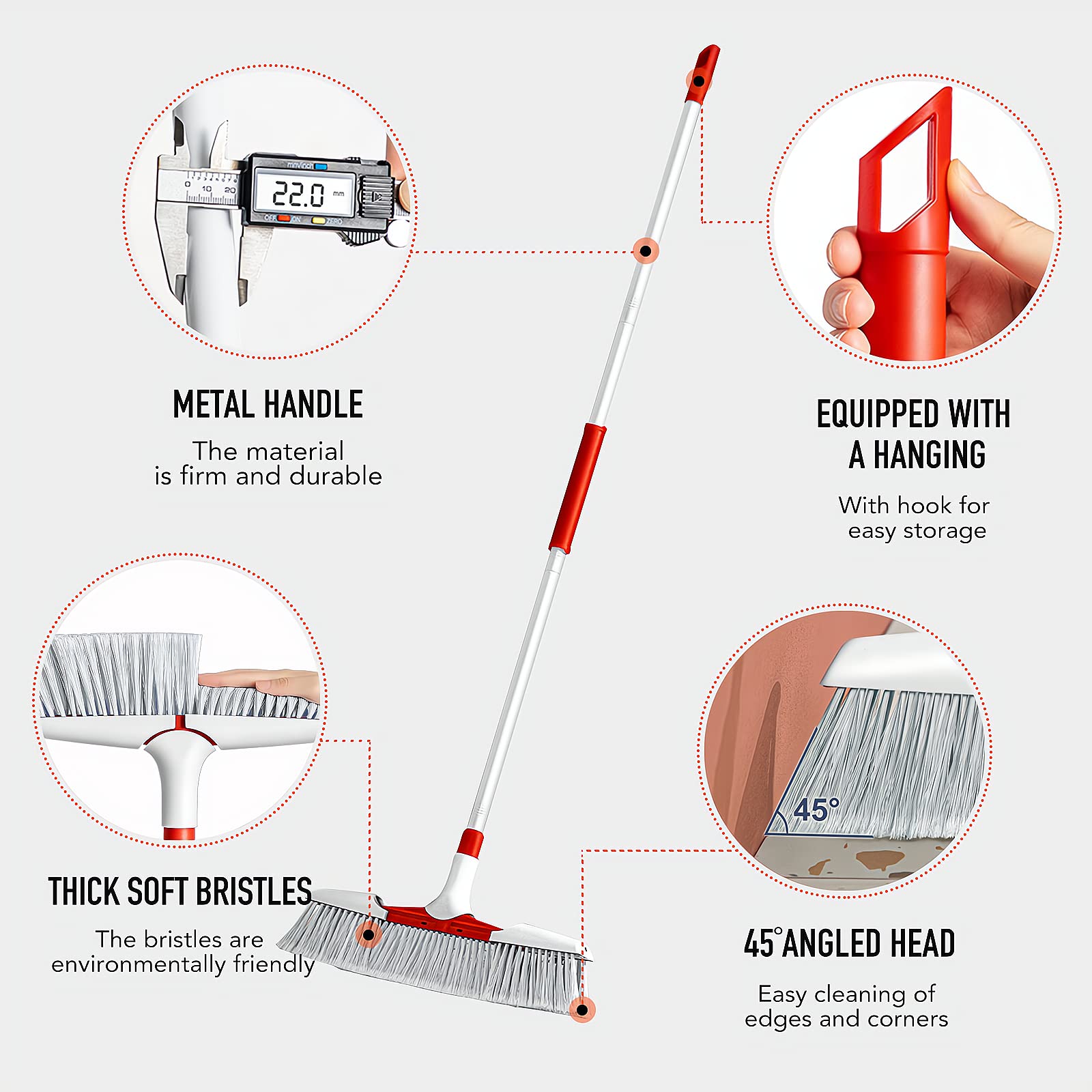 Rebussin® Magic Broom 20 inch - Sweeper with Retractable Head and Thin Bristles for Cleaning Home Kitchen Patio Hall Malls 2023 Upgrades(White with Red)