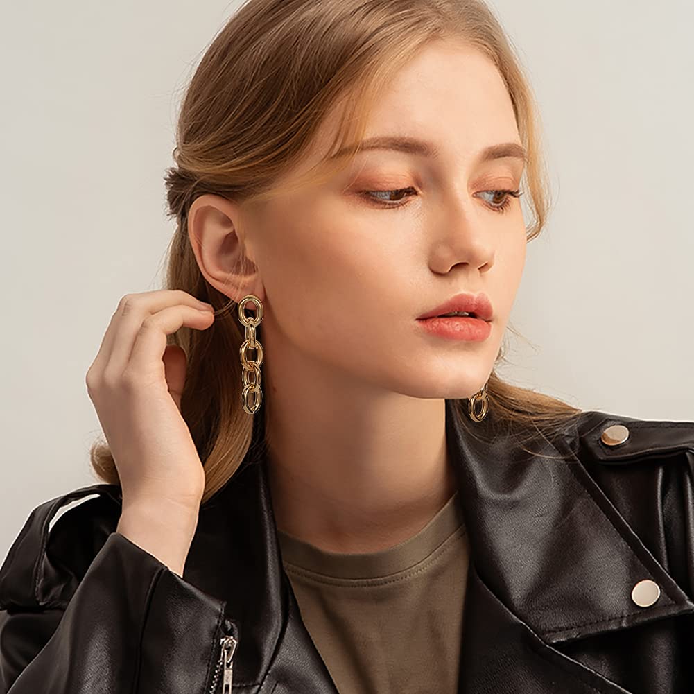 LEEKOO Chain Link Stud Earrings Oval Chain 14k Gold plated Drop Dangle Earrings for Women