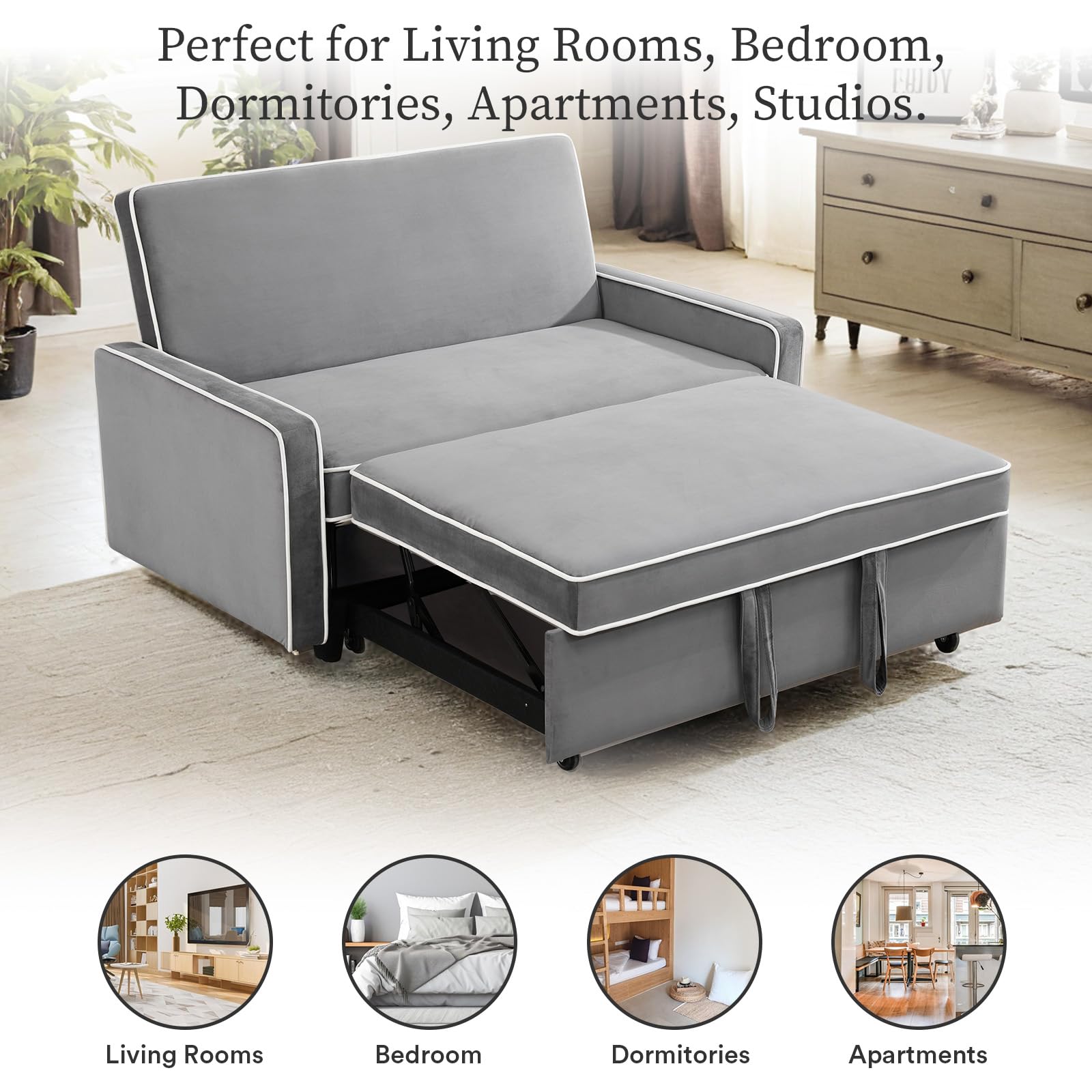 Rovibek 3 in 1 Convertible Sleeper Sofa Bed Pull Out Couch Futon Loveseat Velvet Chaise Lounge with 2 Pockets and 2 Pillows for Living Room, Ash Grey
