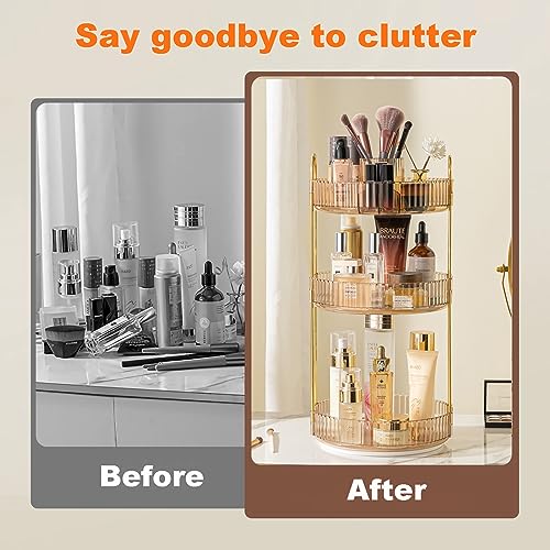LAECHATAR Rotating Makeup Organizer for Vanity 3 Tiers, Large Capacity Skincare Organizers and Storage, Perfume Organizer Countertop, Spinning Bathroom Lazy Susan (Vintage Gold)