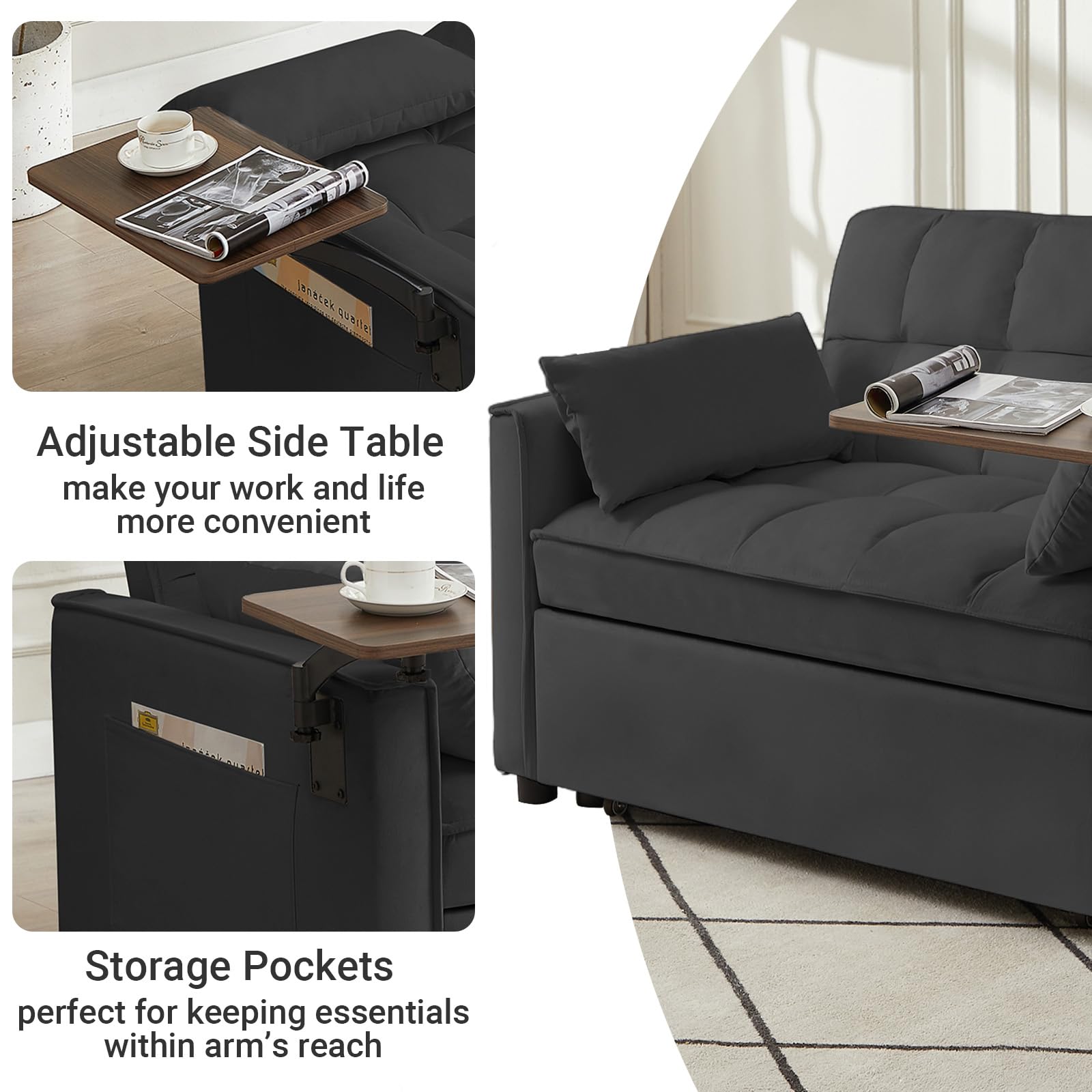 Rovibek 3 in 1 Sofa Bed Convertible Sleeper Sofa Bed Pull Out Futon Loveseat Velvet 2 Seat Lounge Grey for Living Room, with Adjustable Backrest 2 Pillows Side Table