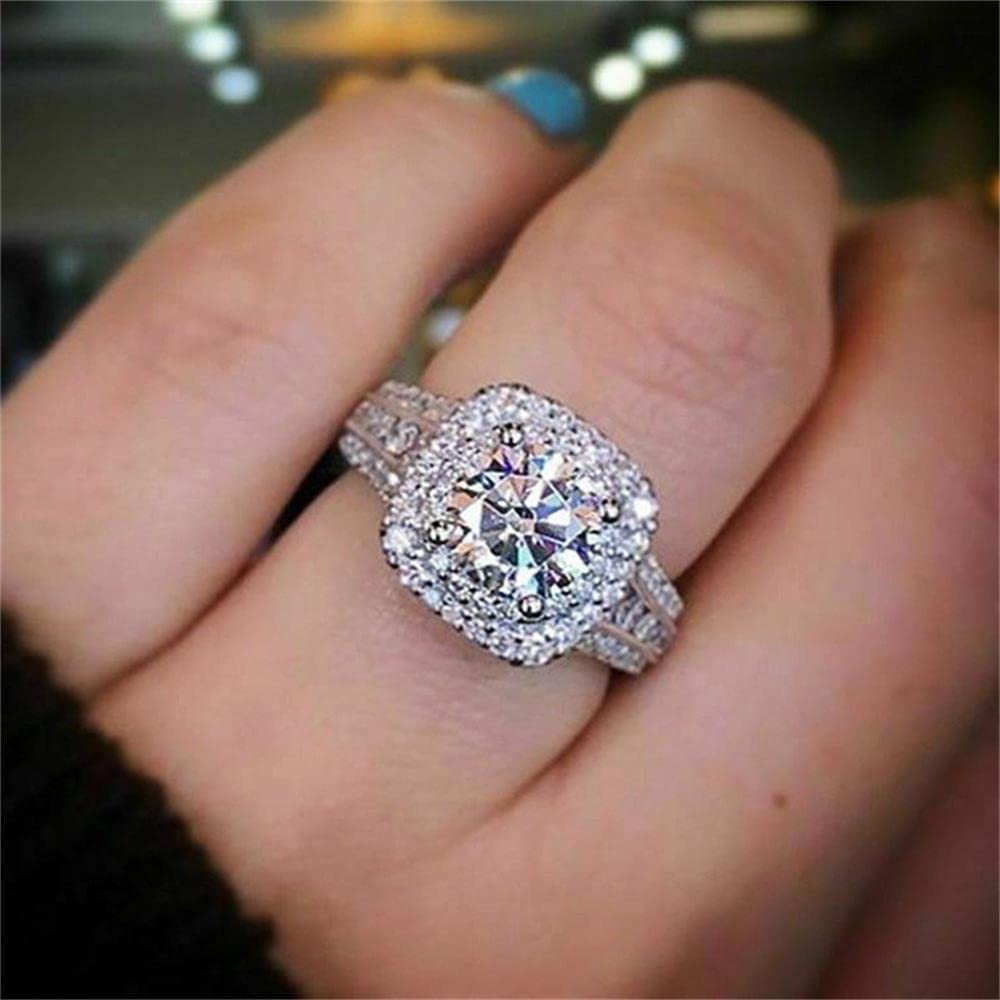 Luxury Fashion Imitation 925 Sterling Silver Princess Shape 3 Carat Diamond Ring Double Super Flash Zircon Ring Silver Zircon Infinity Halo Engagement J Wedding Wedding Ring(US Sizes: 6-10) (8)