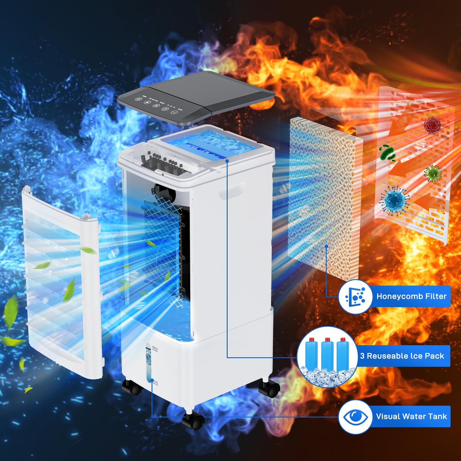 Portable Air Conditioners, 1.45 Gal Evaporative Air Cooler, Portable AC Cooling Fan w/ 3 Spds & Cooling Mode & Timer, Swamp Cooler w/Remote, Windowless Air Conditioner Portable for Room Home