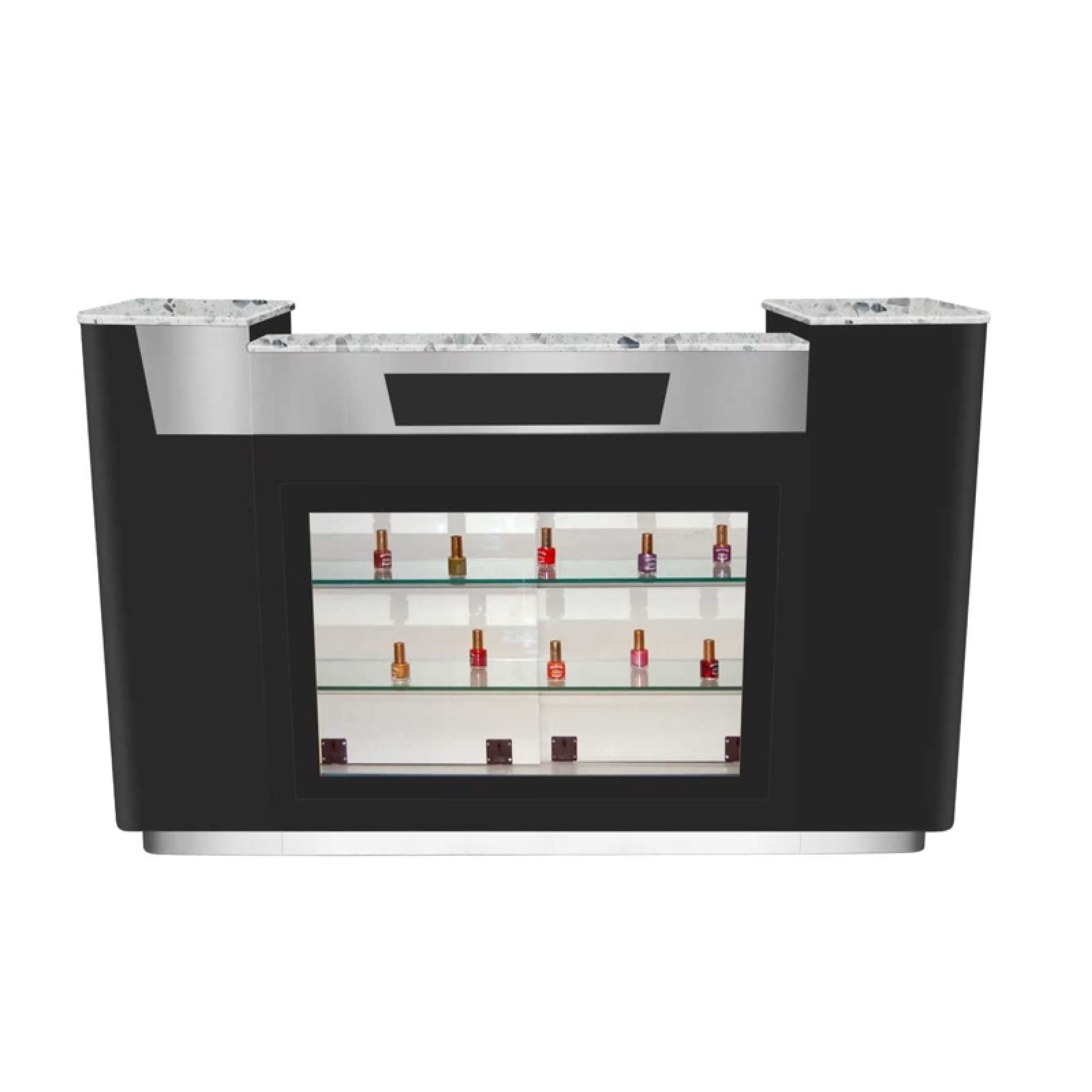 MAYAKOBA Sonoma II Reception Desk with Glass Display Adjustable Shelves, Side Cabinets, Office Restaurant Beauty Salon Furniture, Luxe Black/Silver Accents