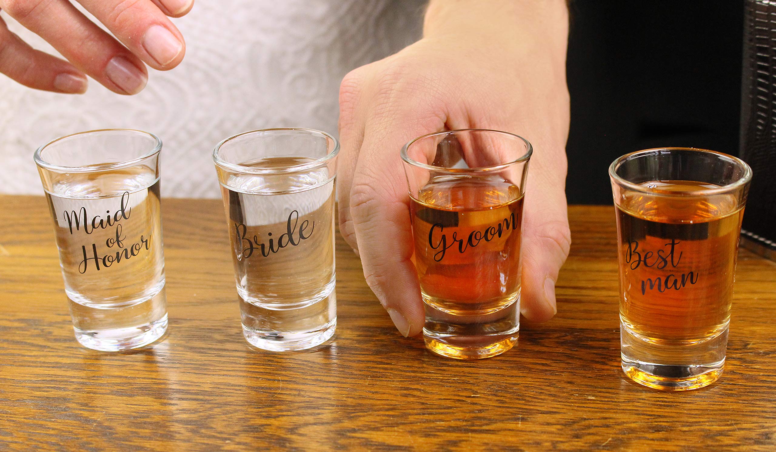 Lillian Rose Bride, Groom, Maid of Honor, and Best Man Shot Glass Set, 4 Count (Pack of 1), Clear
