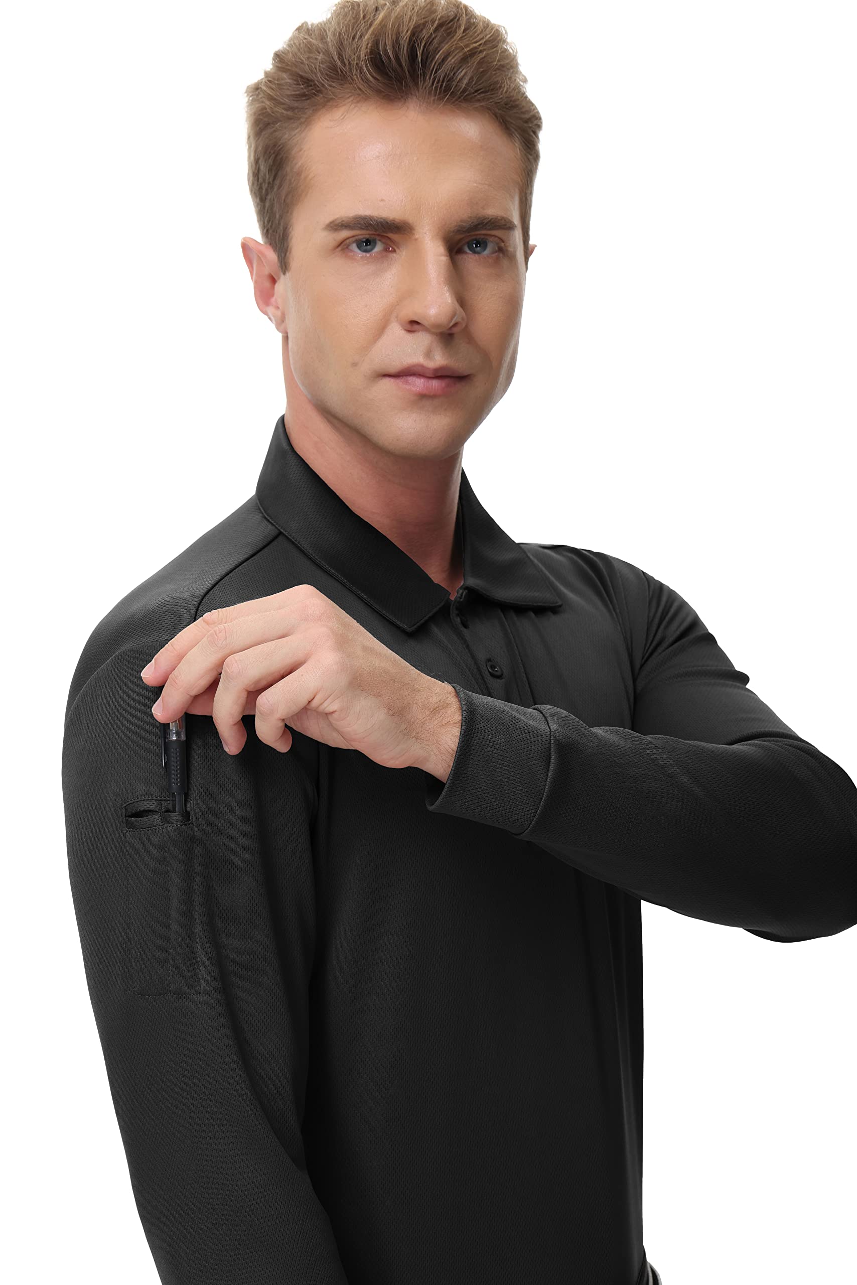 Mens Mositure Wicking Sun Protection Long Sleeve Polo Shirt BLACK-4XL