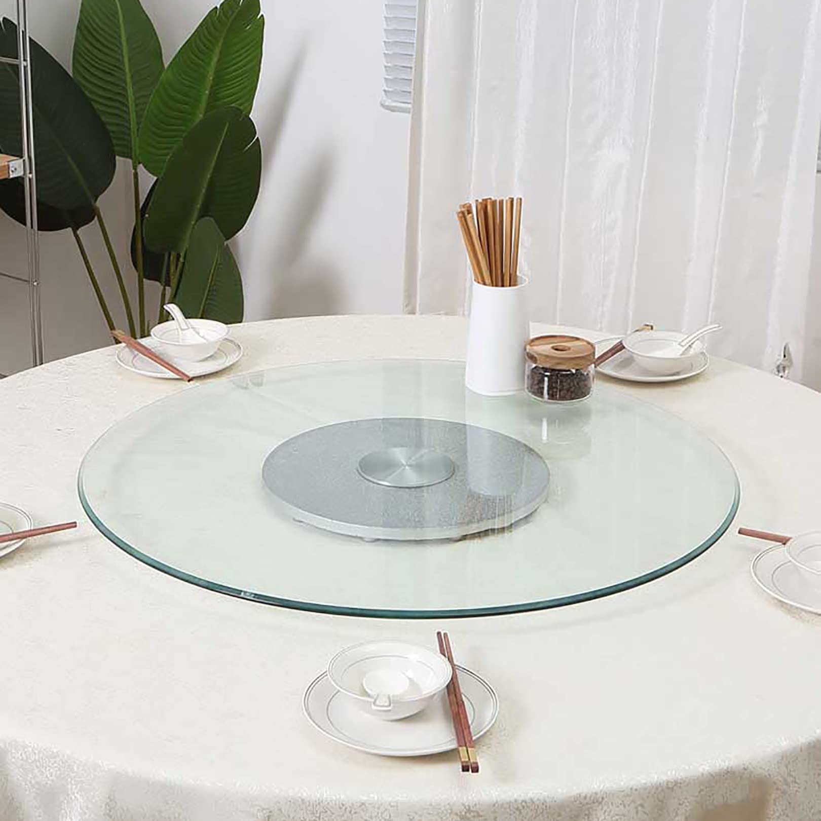 Lazy Susan Tempered Glass Heavy Duty Turntable Round Dining Table Swivel Large Tabletop Serving Plate Transparent Rotating Tray with Silent Bearing Centerpieces ( Battery *1 : Ø 60cm/24in )
