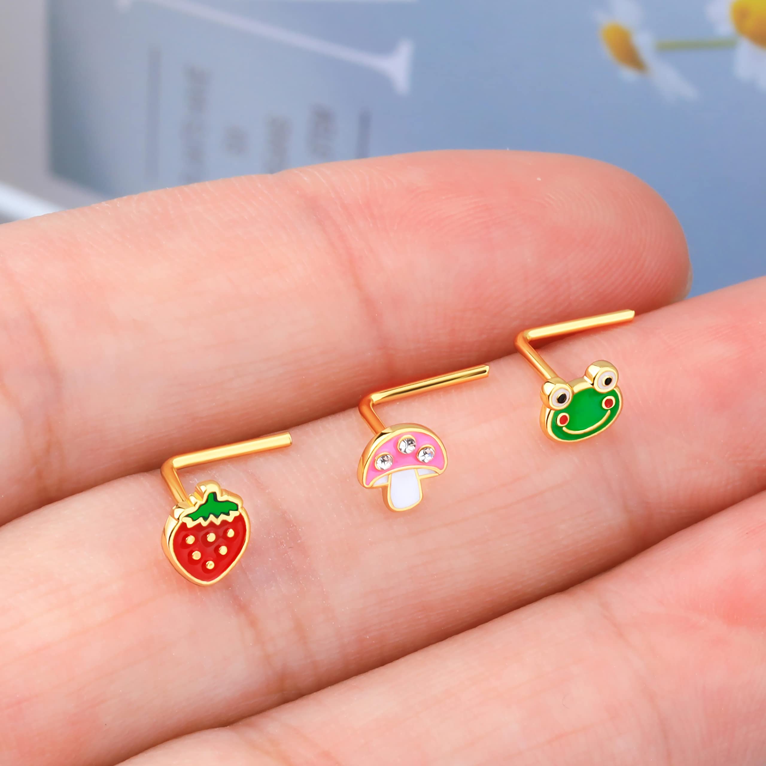 OUFER 20G Gold Nose Studs, Frog L-Shaped Stainless Steel Nose Ring Stud, Mushroom Nostril Piercing Jewelry for Women