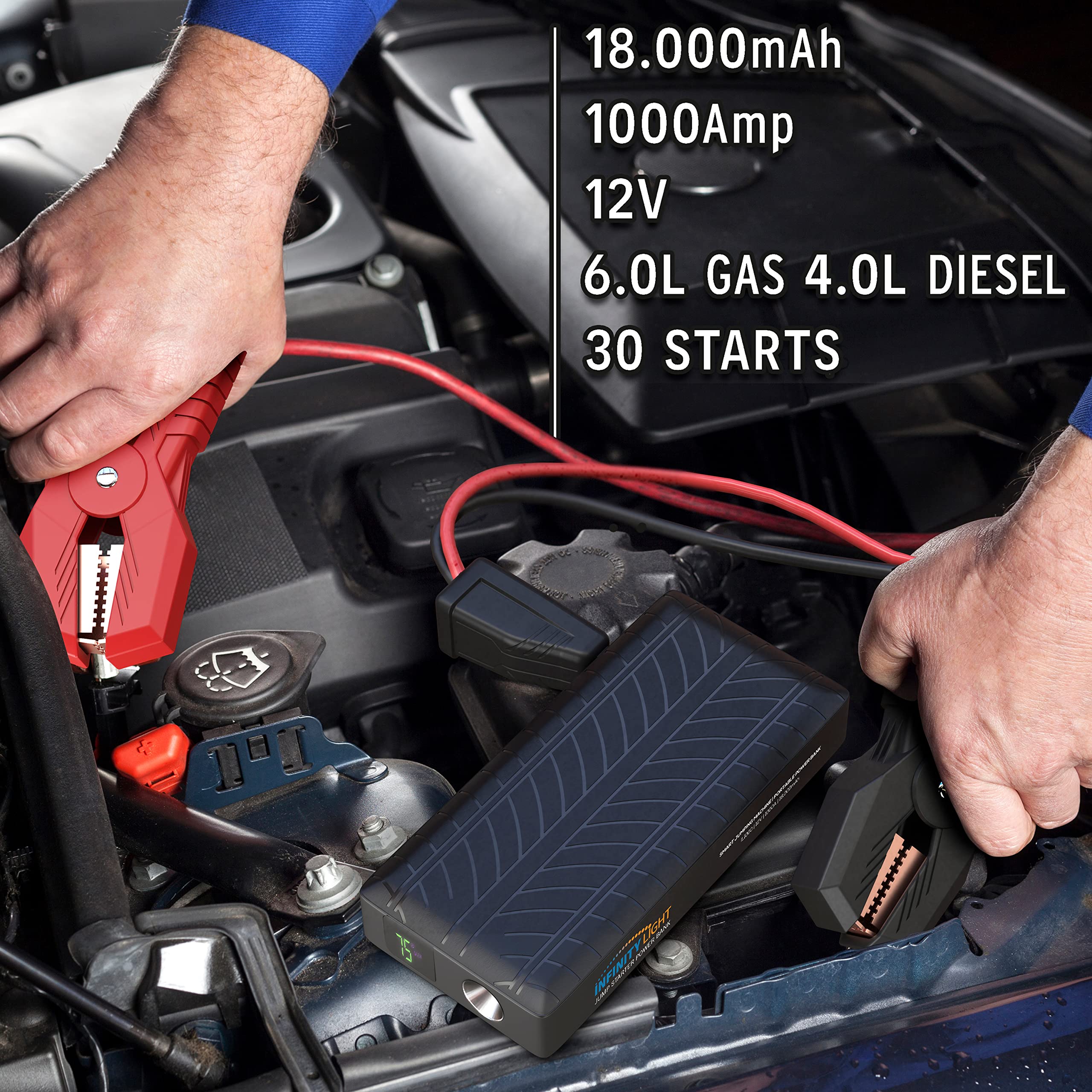 Infinity Light Jump Starter Battery Pack β 1000Amp 18,000mAh 12V Car Portable Battery Booster Pack Power Bank β 2 in 1 USB Charger with LCD Display, LED Light Emergency Warning Mode, 6L Gas/4L Diesel