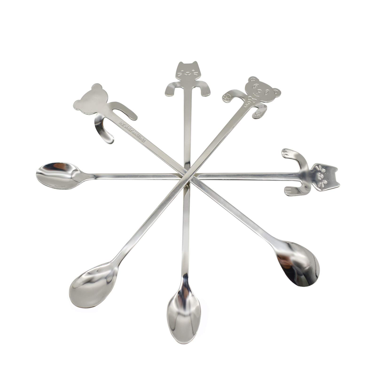 Maydahui 4PCS Cat Spoon Bear Coffee Tea Spoon Long Handle 7.8 inch 18/10(304)Stainless Steel Hanging Coffe Mixing Cocktail Stirring Animal Spoons Scoops for Mug