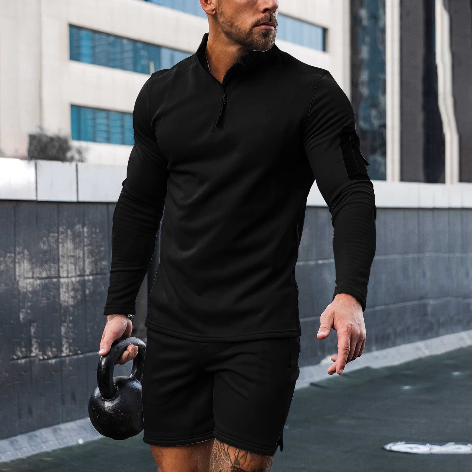 Mens Quarter Zip Athletic Pullover Long Sleeve Dry Fit Active Sports Sweatshirt Running Outdoor Shirts Black