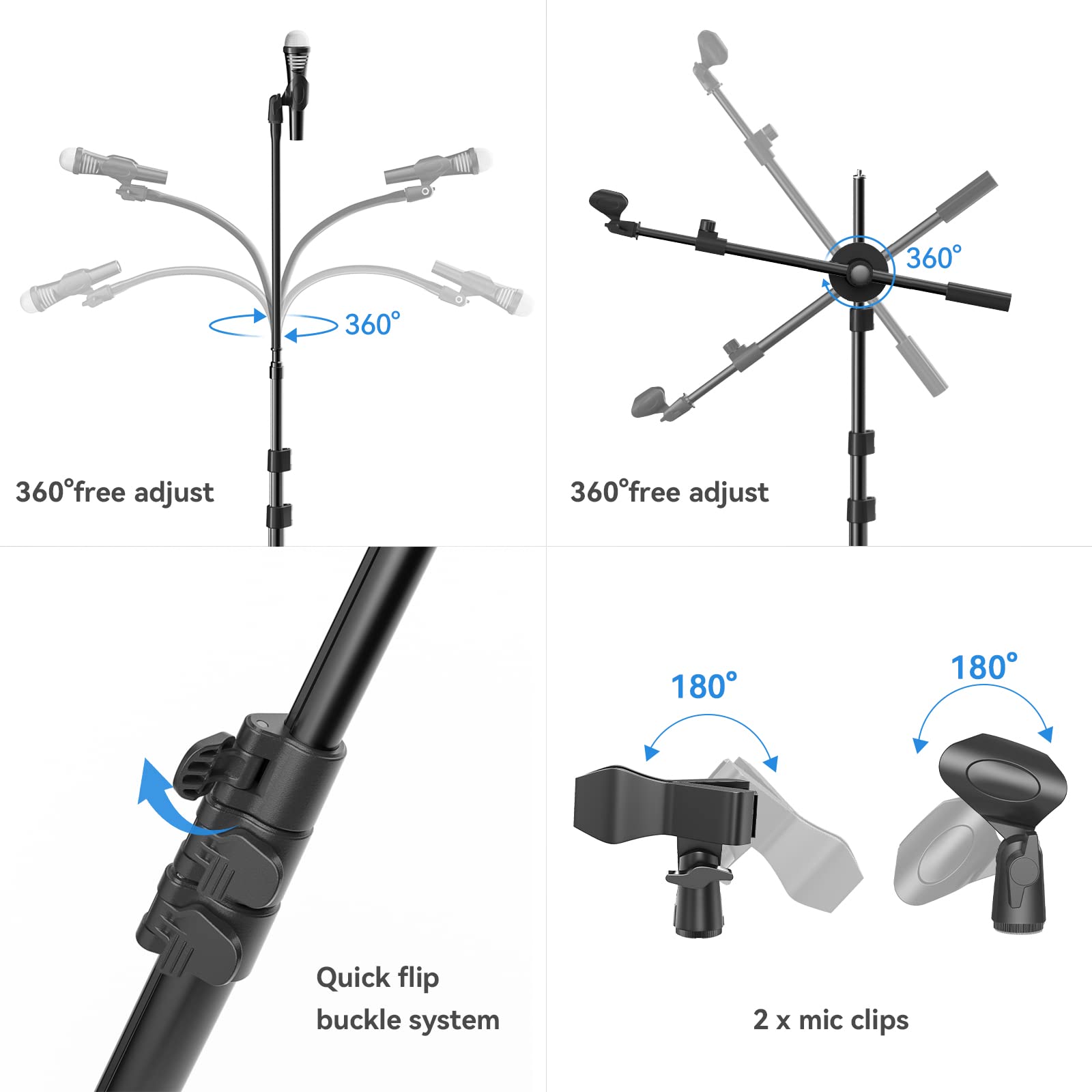 Microphone Tripod Stand, KDD Gooseneck Mic Boom Arm Stand Height Adjustable 30" - 80" with Two Mic Clips, Two Mic Arms and 3/8" to 5/8" Adapter for Singing, Stage, Blue Yeti Snowball, Most Mics