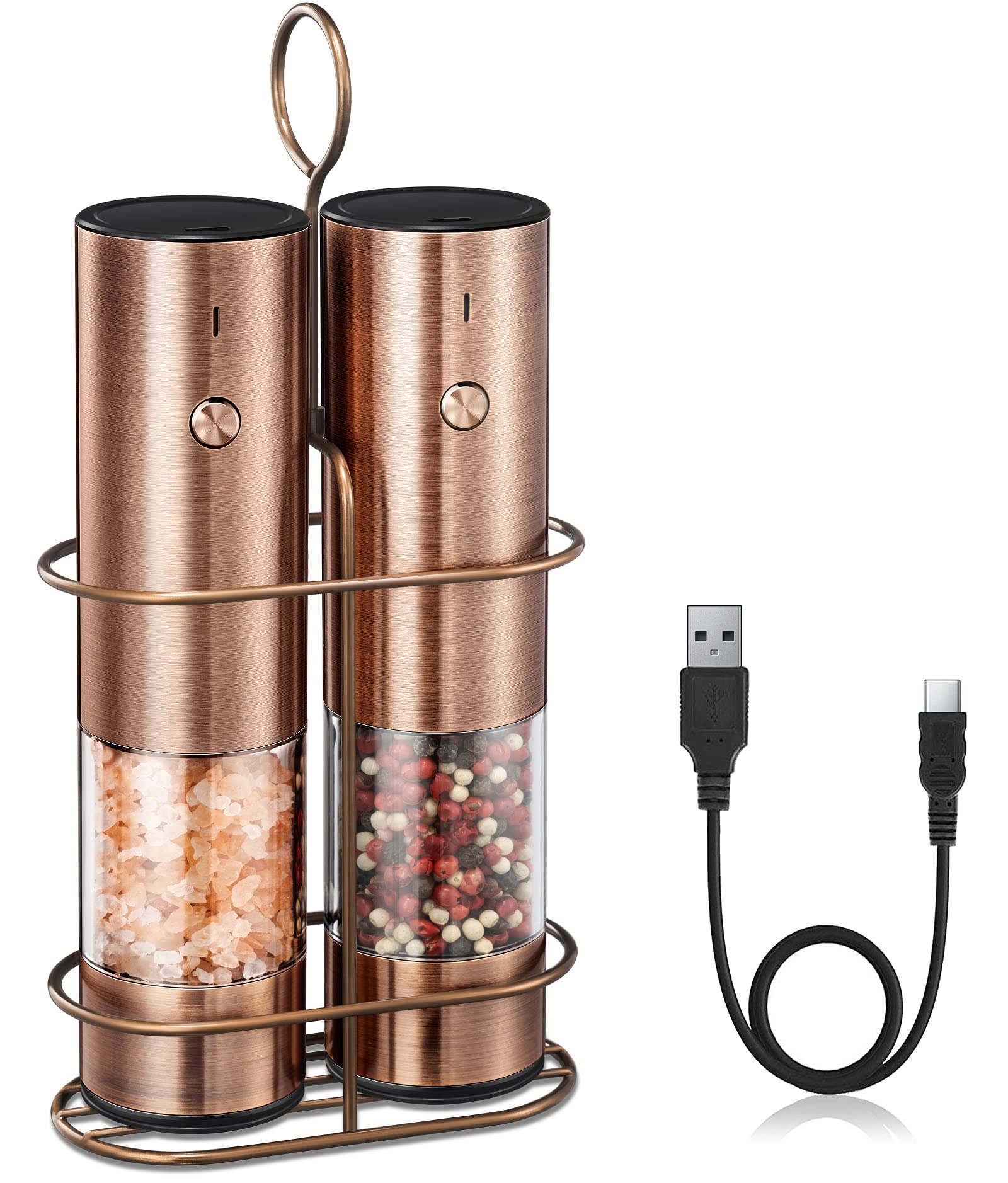 Rechargeable Electric Salt and Pepper Grinder Set with Stand - Nicely Packaged Giftable - No Battery Needed - Automatic Pepper Mill & Adjustable Coarseness & LED Light Refillable - Copper Color