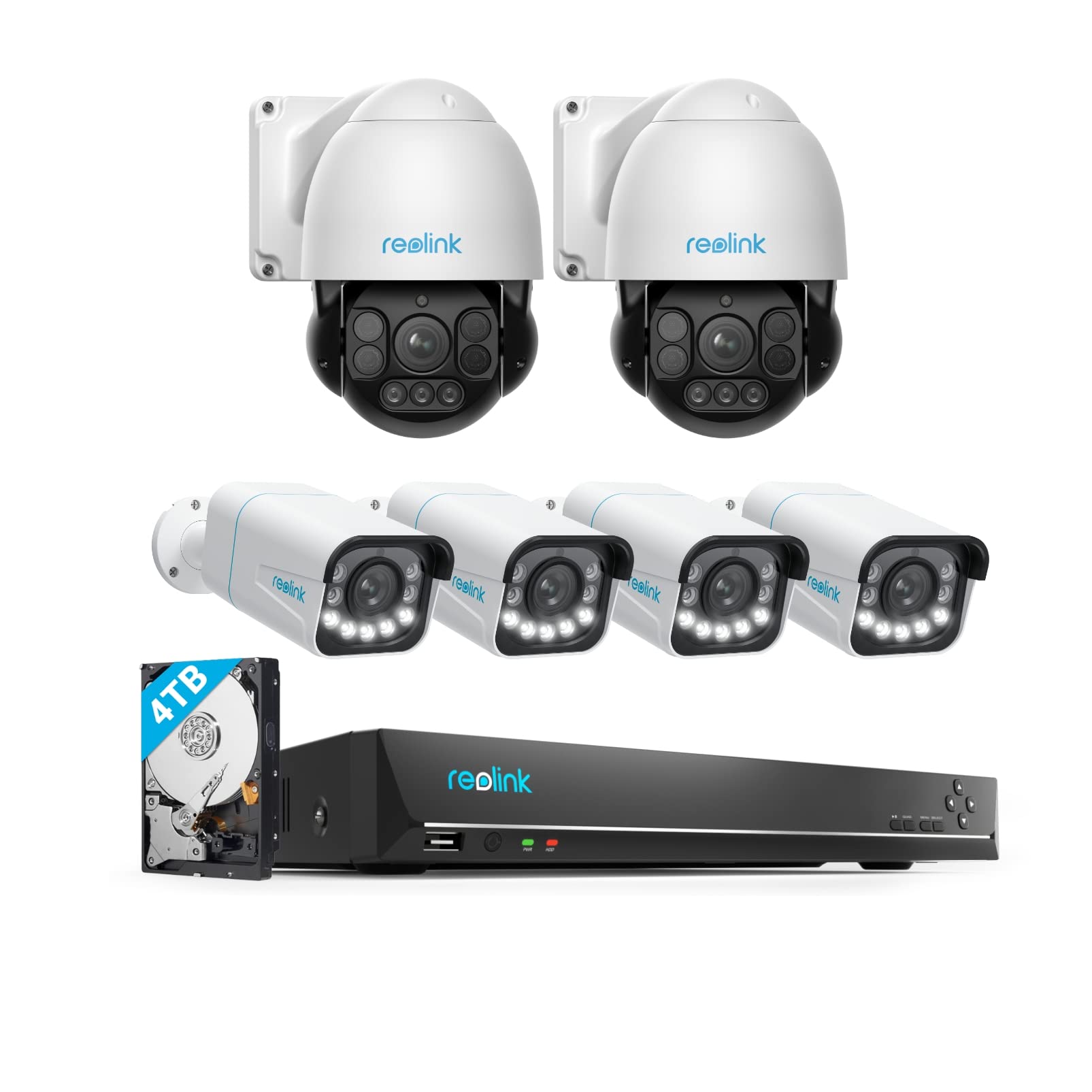 REOLINK 4K Security Camera System, IP PoE Surveillance Camera with 5X Optical Zoom, Human/Vehicle Detection, Two Way Talk, Color Night Vision, Auto Tracking, 2X 823A, 4X 811A Bundle 1x RLN16-410 NVR
