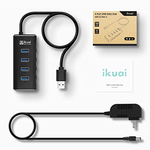 Powered USB Hub, ikuai 4-Port USB 3.1/3.2 Gen 2 Data Port Hub, SuperSpeed USB 10Gbps, Aluminum USB Splitter with 3.3 ft Long Cable, 5V Power Adapter and Individual On/Off Switches