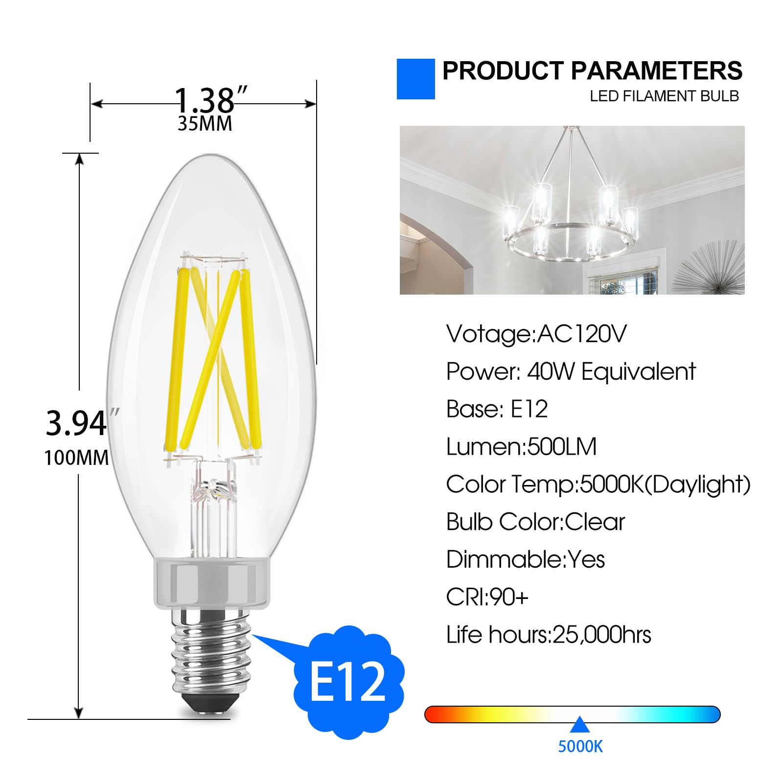 VATION LIGHTING 12 Pack ๐๐๐ง๐๐๐ฅ๐๐๐ซ๐ ๐๐๐ ๐๐๐ง๐๐ฅ๐ ๐๐ข๐ ๐ก๐ญ LED 5000K Daylight LED Bulbs 500 Lumens, 90+ High CRI, Filament E12 Candle, LED Chandelier Light Bulbs, UL Listed