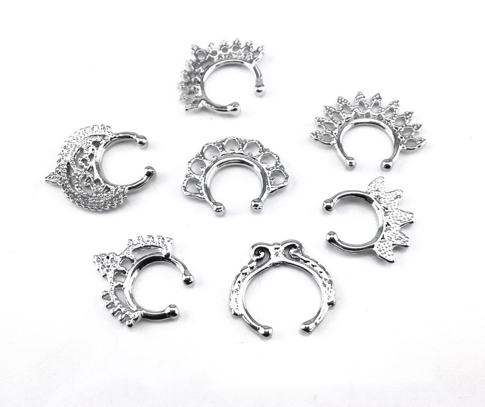 Honbay 7pcs Mix Style Silver Fake Septum Clicker Nose Ring Non Piercing Hanger Clip Body Jewelry