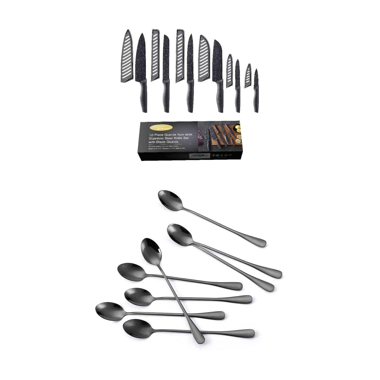 Marco Almond KYA39 Kitchen Knife Sets + KYA59 Titanium Coated Stainless Steel Long Handle Spoons