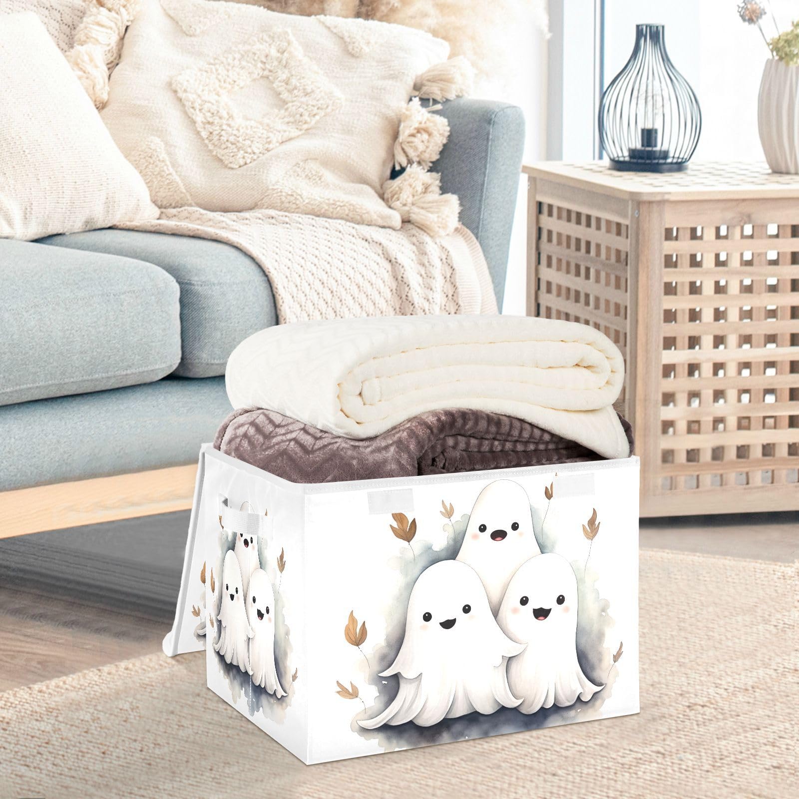 senya Halloween Baskets Collapsible Storage Bins with Lids, Cute Little Ghosts Storage Boxes Clothes Baskets for Organizing, B06D22020
