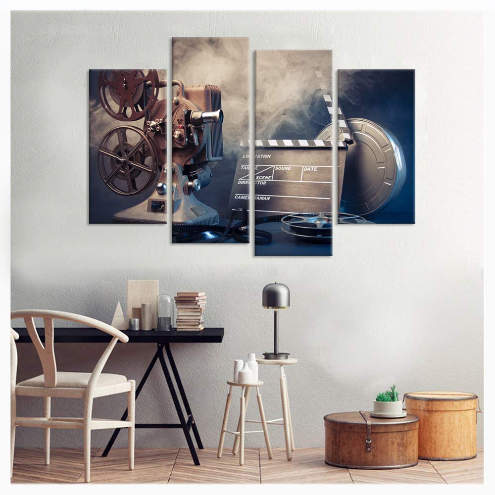 iHAPPYWALL 4 Panel Old Film Canvas Wall Art Filmmaking Concept Scene Dramatic Lighting Still Life Picture Stretched and Framed For Living Room Bedroom Home Decor Ready To Hang
