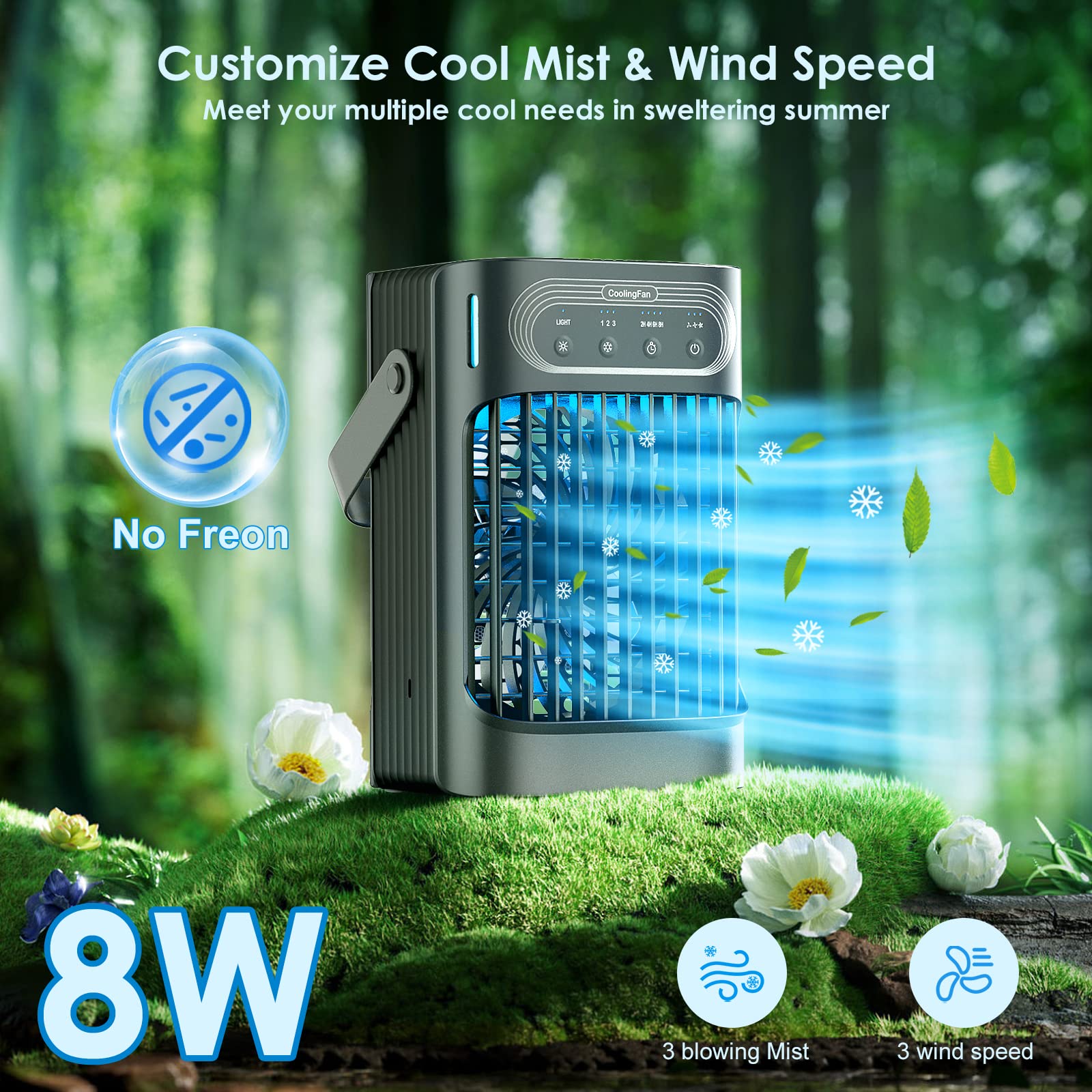 Portable Air Conditioners Cooling Fan, Upgraded Evaporative Mini Air Conditioner Portable with 3 Cool Mist & Speeds, 7 Night Light & 2-8H Timer, Personal Air Cooler for Bedroom Office Camping
