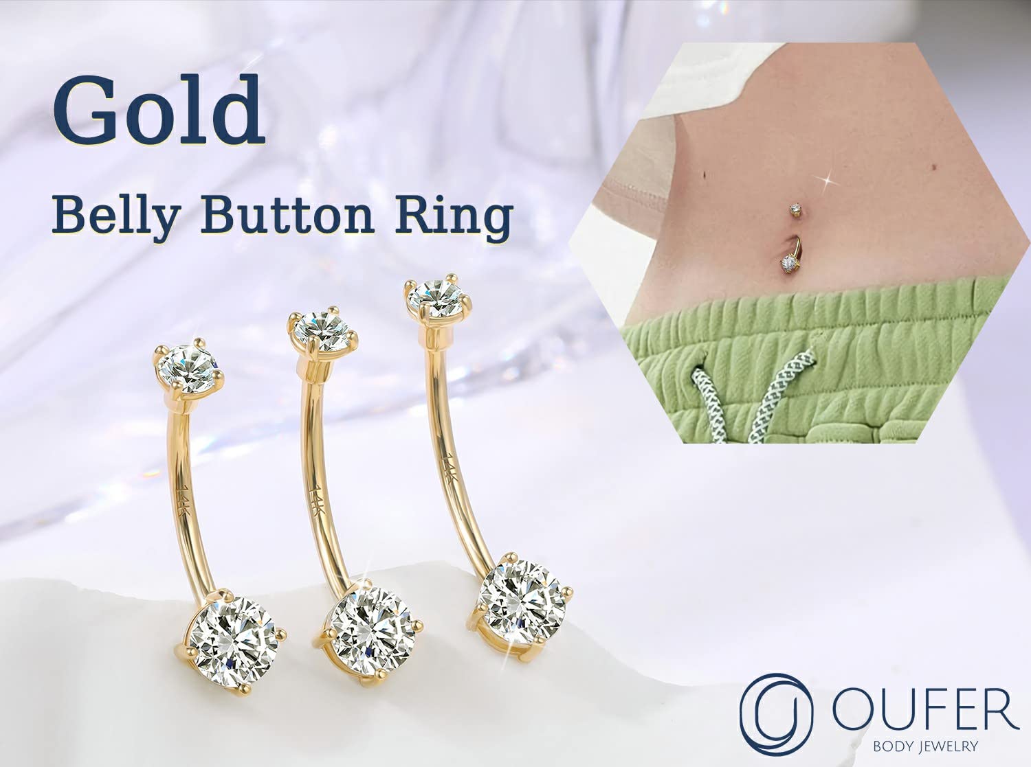 OUFER Gold Belly Button Rings, 14K Solid Gold Belly Rings, Shiny Clear CZ Belly Piercing Jewelry, Navel Rings, Long Navel Belly Rings For Women Men-14MM