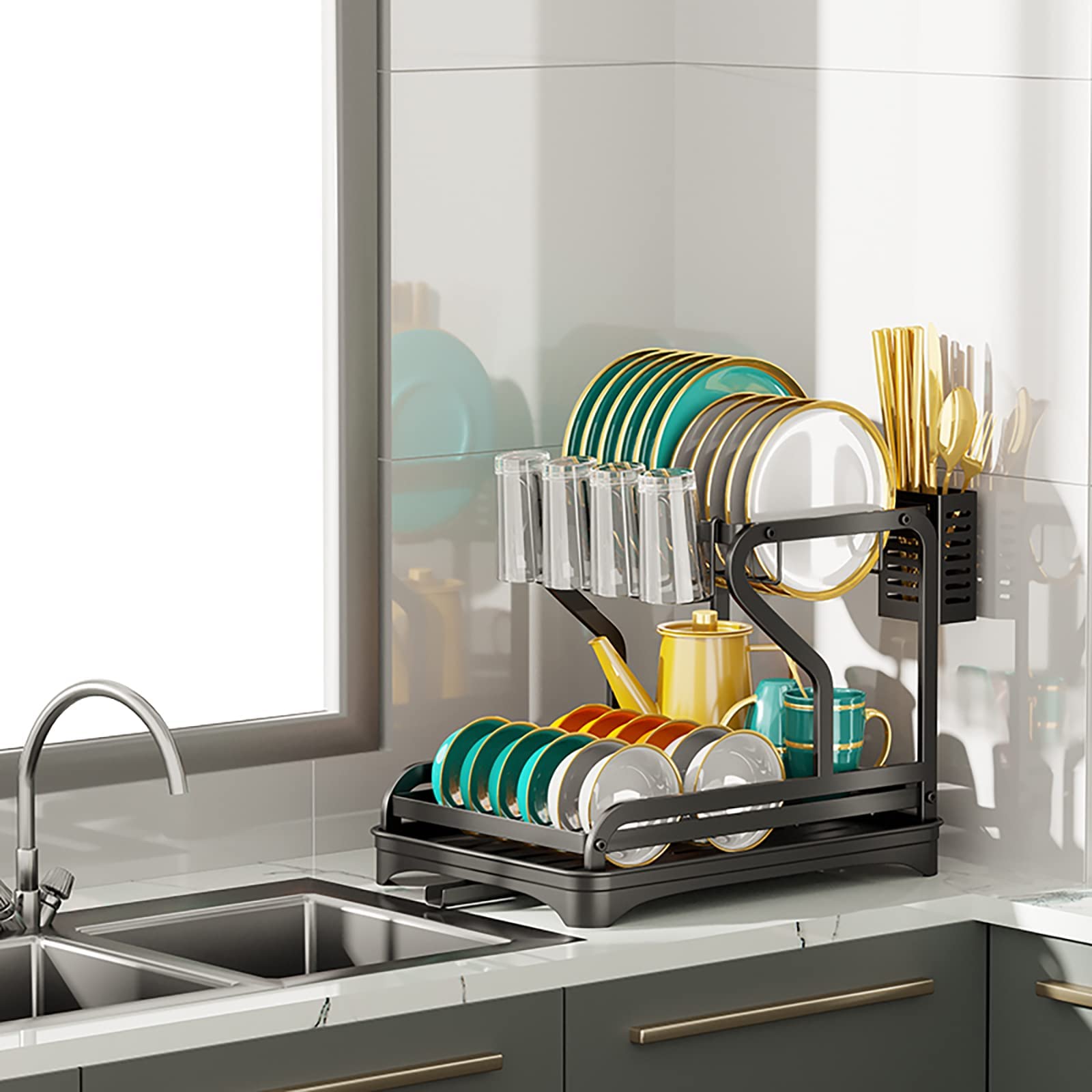 LIMORUNS 2 Tier Dish Rack Dish Drying Rack with Drainboard, Dish Drainer Rack with Utensils, Rustproof Large Black Dish Holders for Kitchen Counter Escurridor De Platos para Fregadero Father's Gift