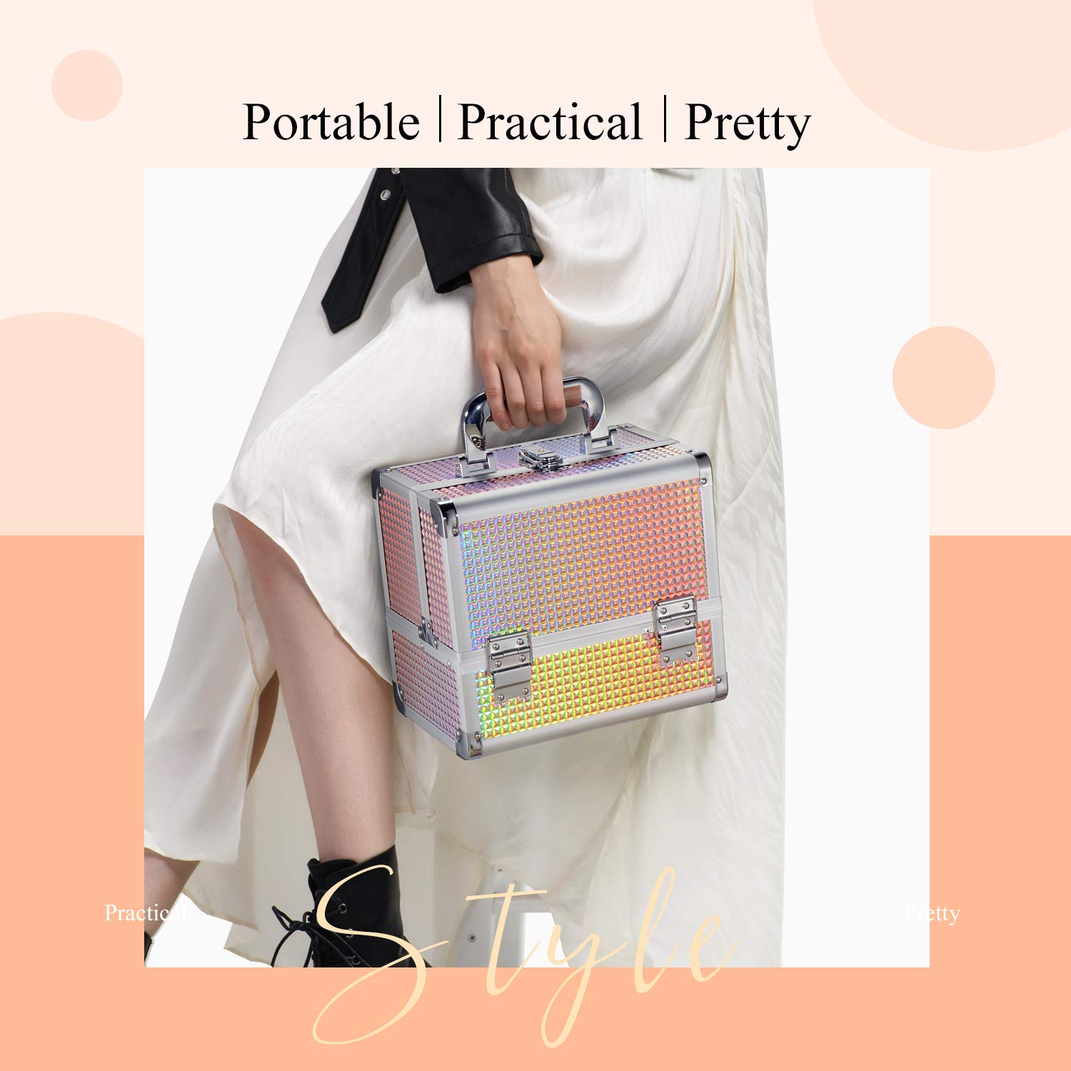 Joligrace Makeup Box 11.6-Inch Cosmetic Train Case for Women Travel Jewelry Organizer with Compartments & Mirror Portable Lockable Make-up Trunk Shiny Style