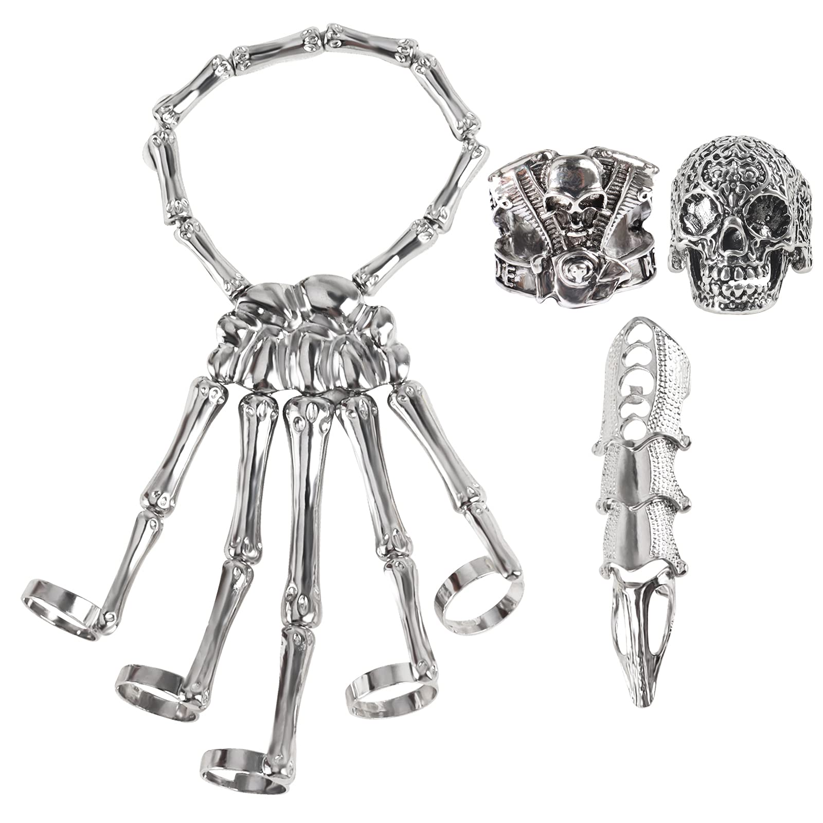 Long tiantian Skeleton Hand Bracelet Metal Skull Bracelet with Ring Hand Chain Halloween Costume Outfits Accessories for Women 2024