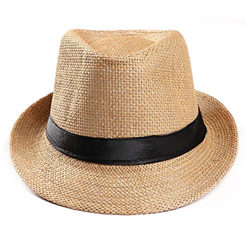 Mens Summer Straw Short Brim Fedora Panama Trilby Beach Sun Hat Khaki