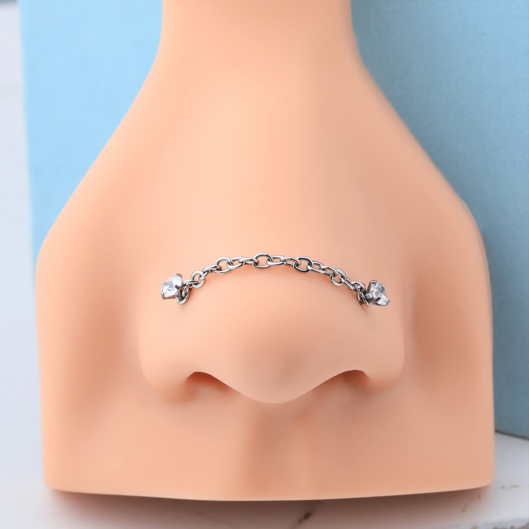 OUFER Solid Titanium Nose Rings, Chain 2PCS 20G Nose Studs, Nostril Clear CZ L Shaped Pack, Nose Piercing Jewelry Women Men