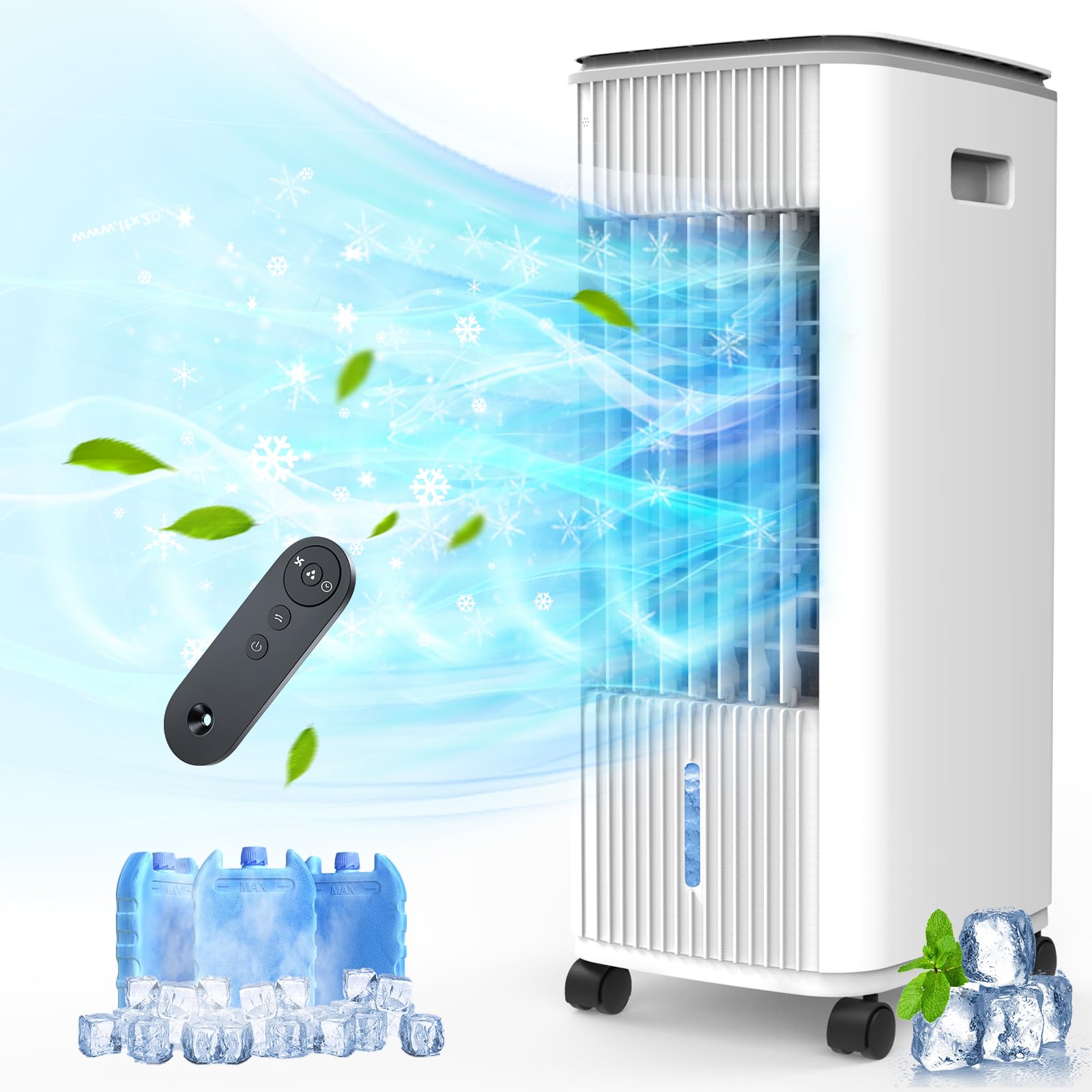 Portable Air Conditioner Ac Unit,BEBEGINE Evaporative Swamp Cooling Fan with Humidifier,3-IN-1 windowless Ventless cooler for Room Offices,Remote,3 Speed,7H Timer,3L Water Tank,3 Ice Pack, Large
